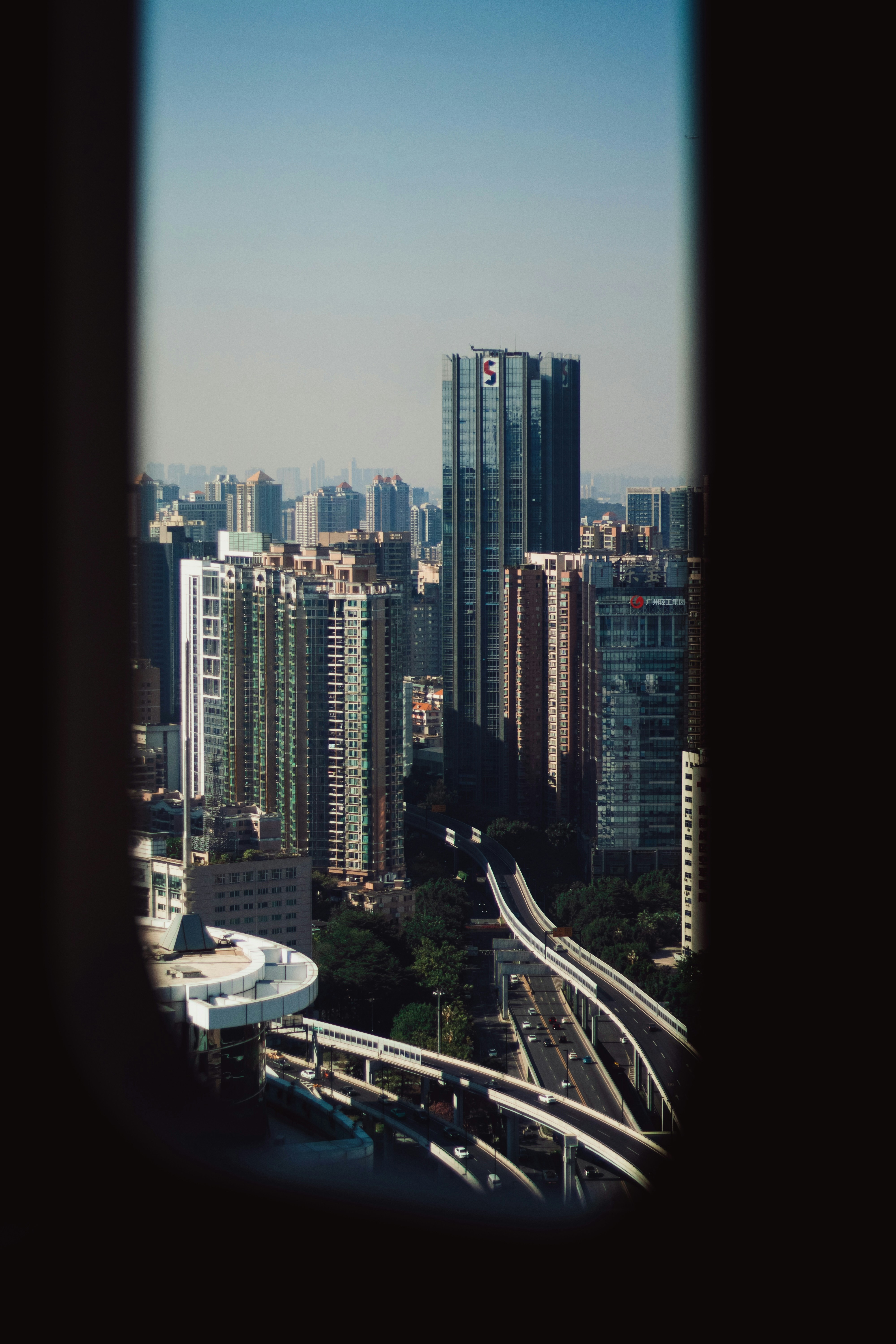 a view of a city from an airplane window