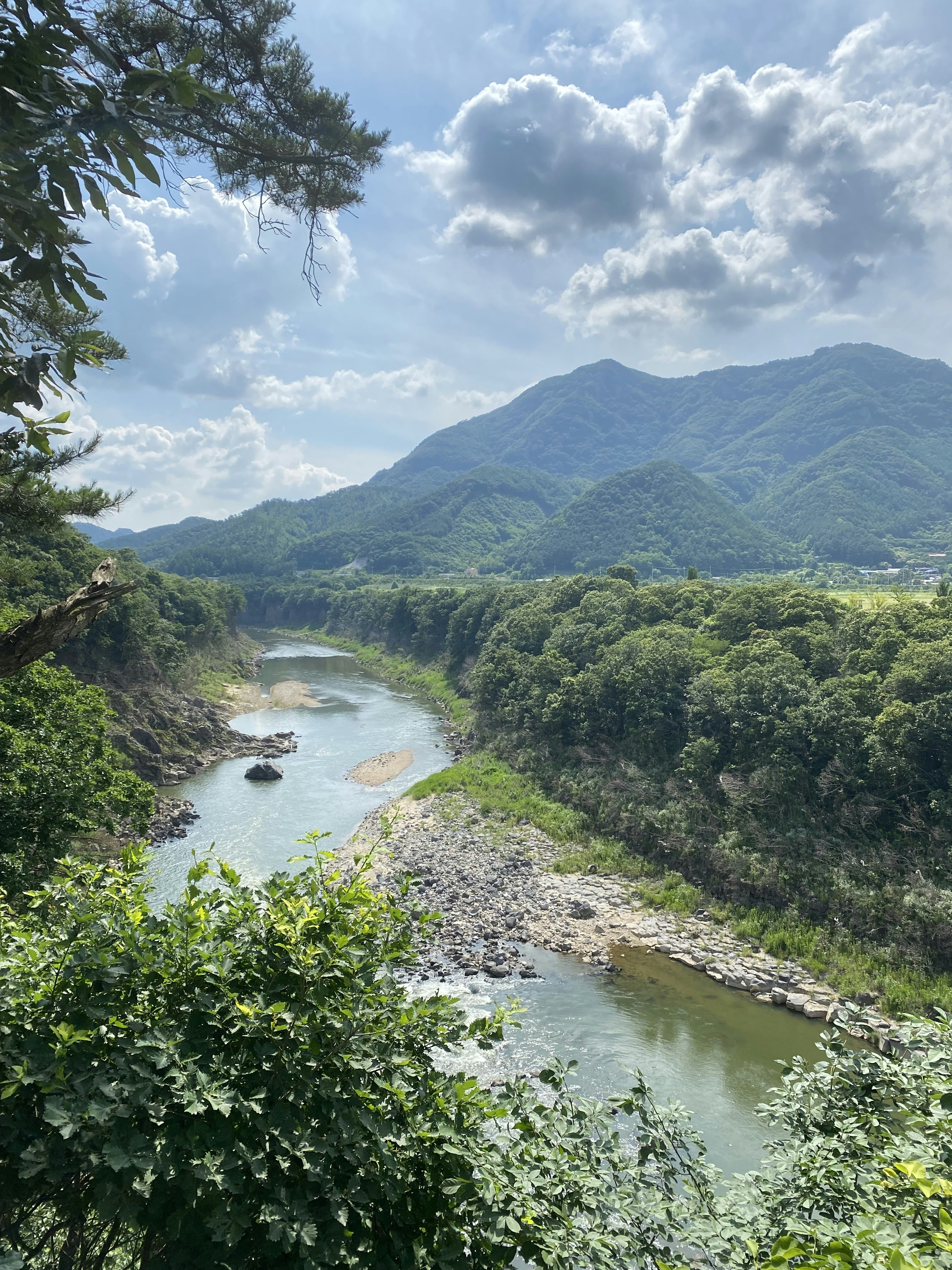 Meandering river surrounded by lush greenery and majestic mountains under a partly cloudy sky.
