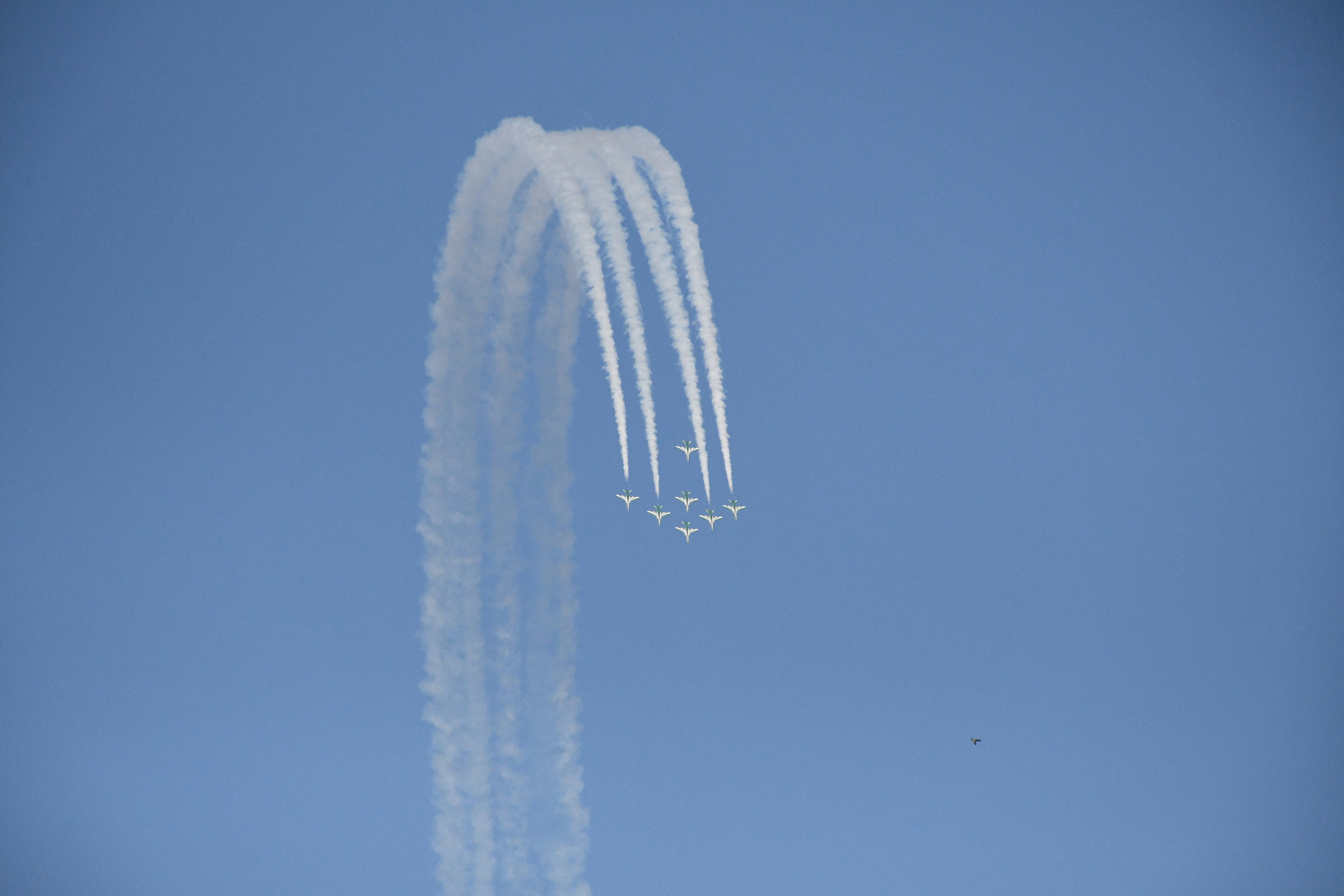 Arc of Contrails: Jets in Tight Formation Across a Cerulean Sky