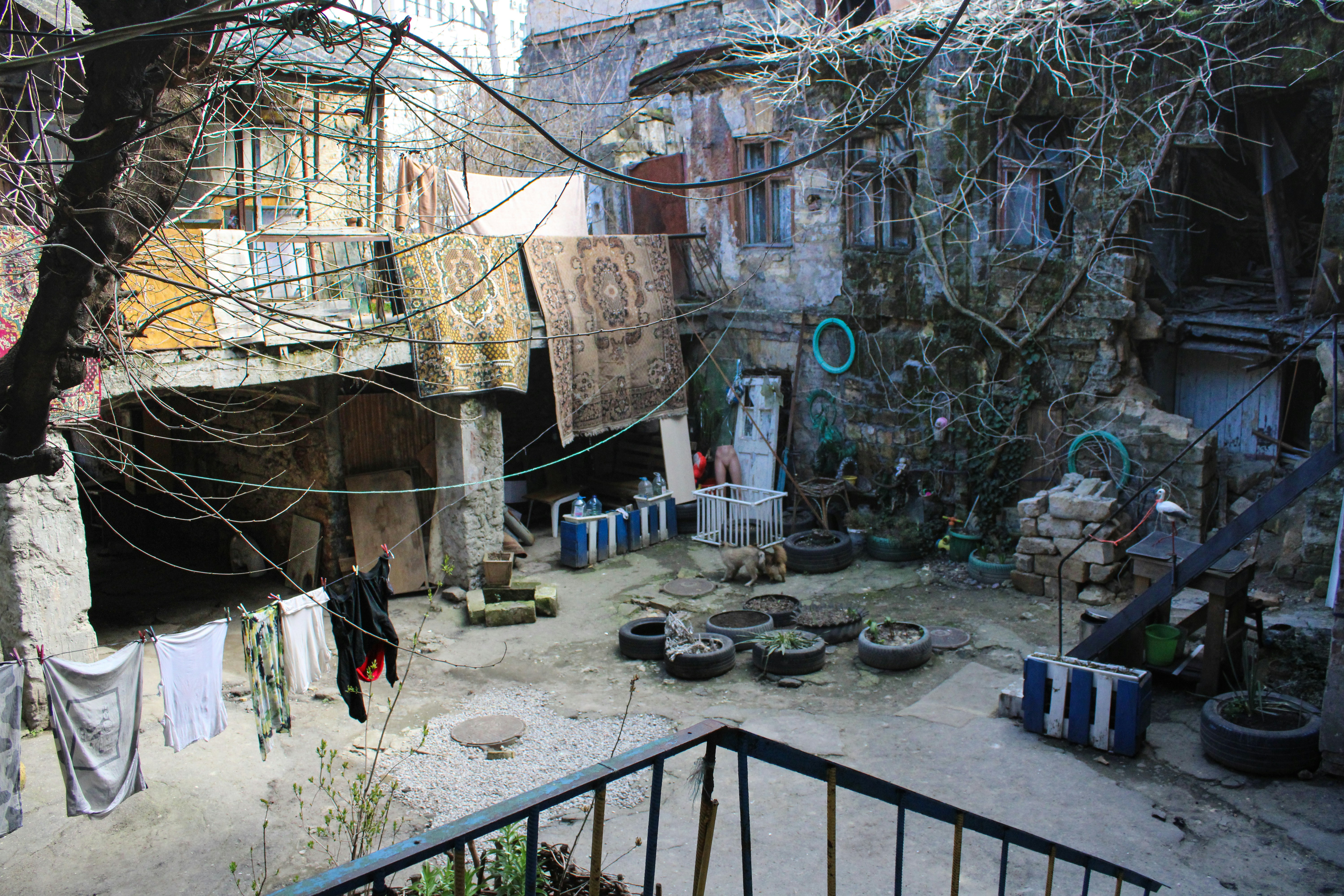 Circle of Tires in a Lived-In Courtyard, Threaded with Clotheslines