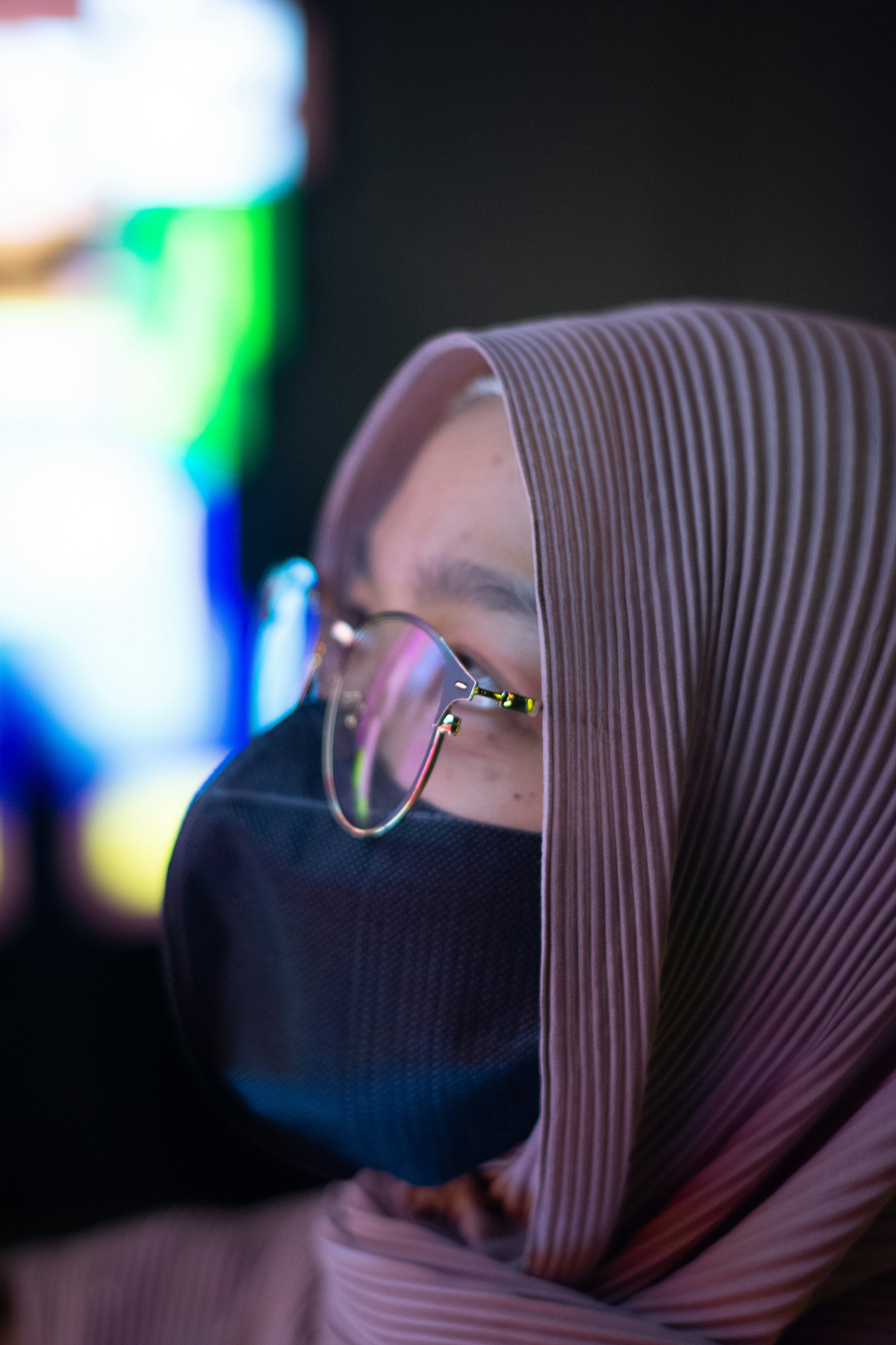 Glimmered Gaze Through Neon Pleats