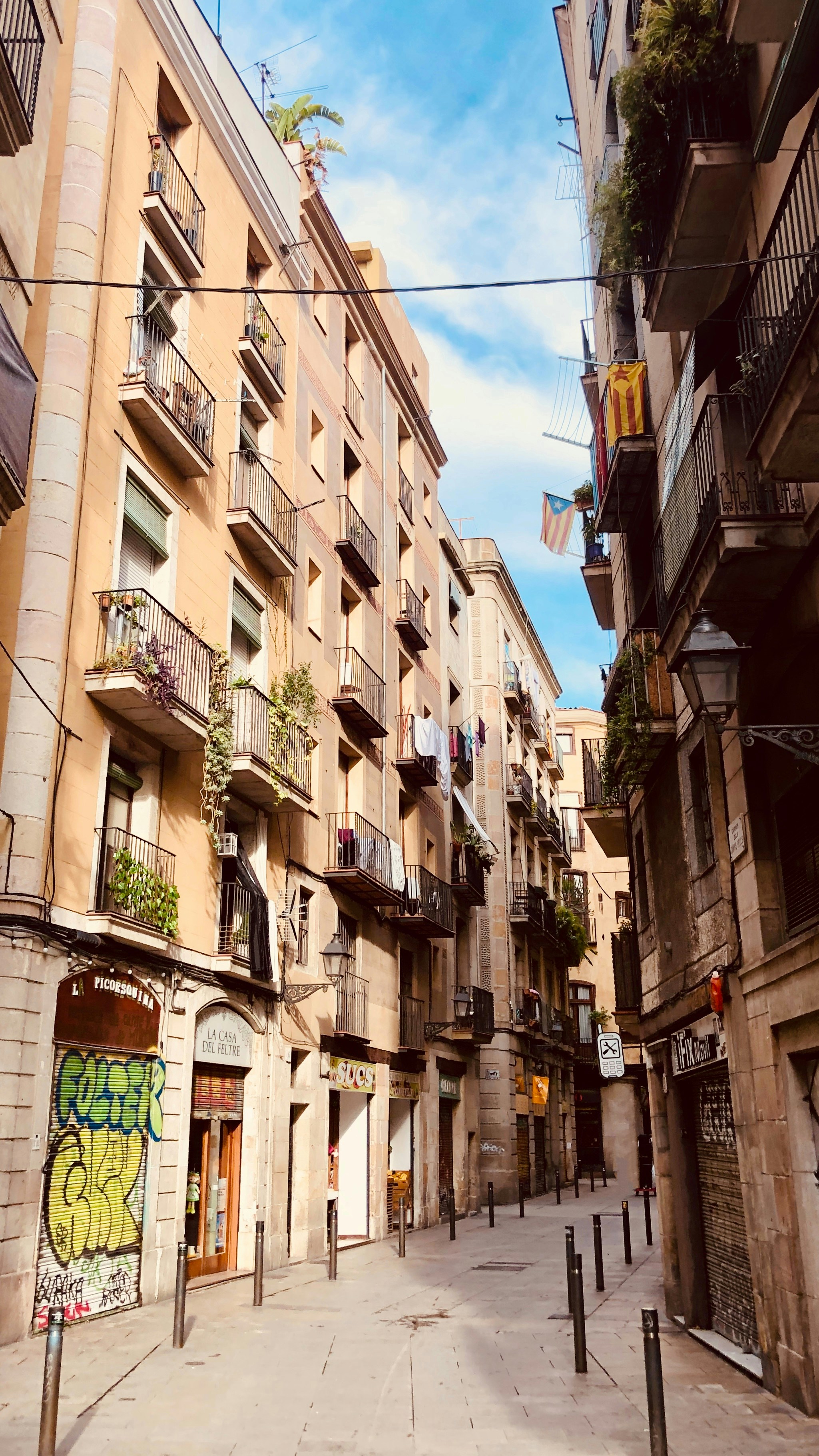 Narrow street lined with charming buildings adorned with balconies and greenery, showcasing local graffiti art. The scene captures the essence of urban life in Barcelona.