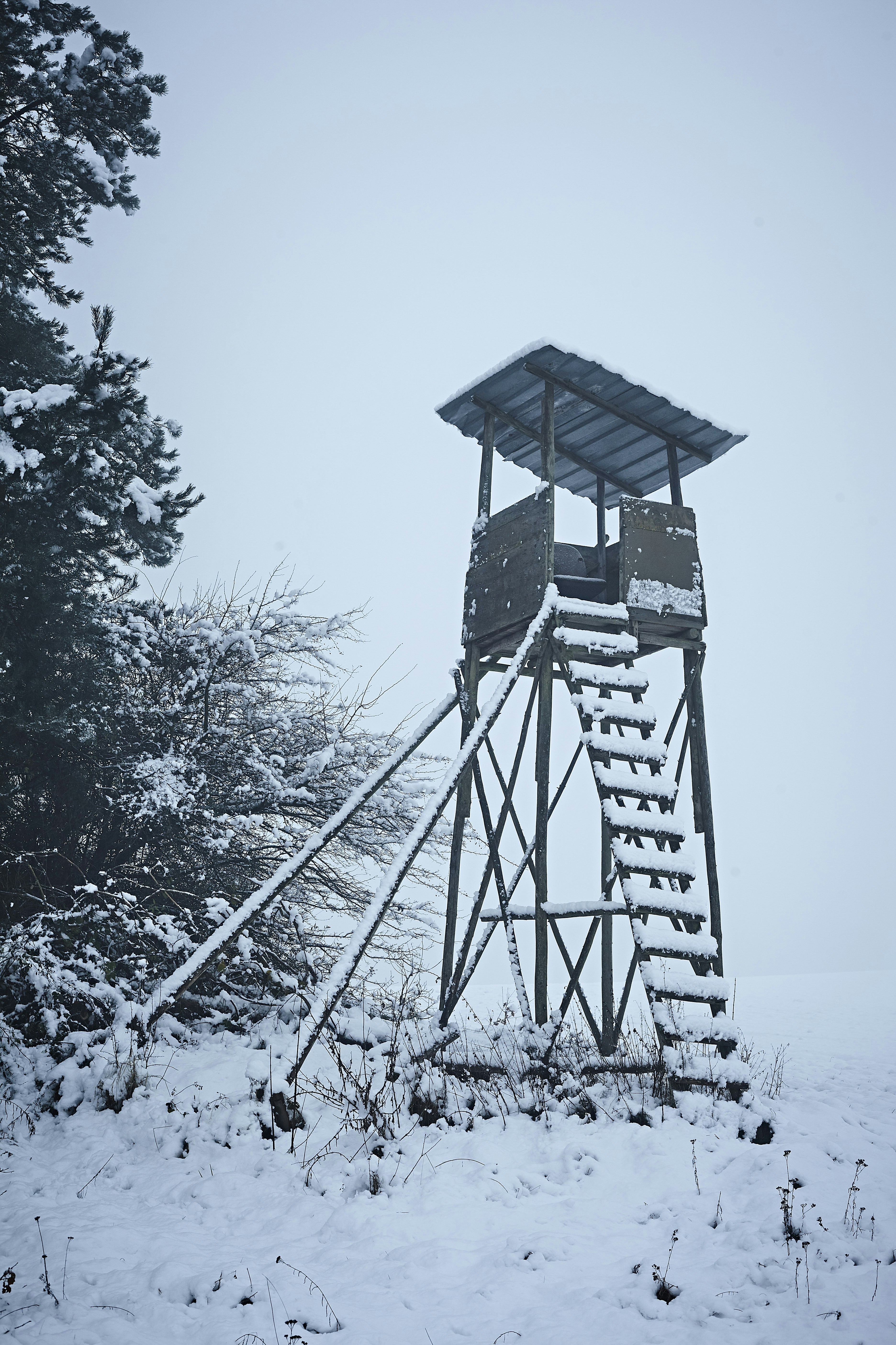 A solitary hunting tower stands amidst a snow-covered landscape, surrounded by frosted trees and a blanket of white. The scene conveys a sense of isolation and tranquility.