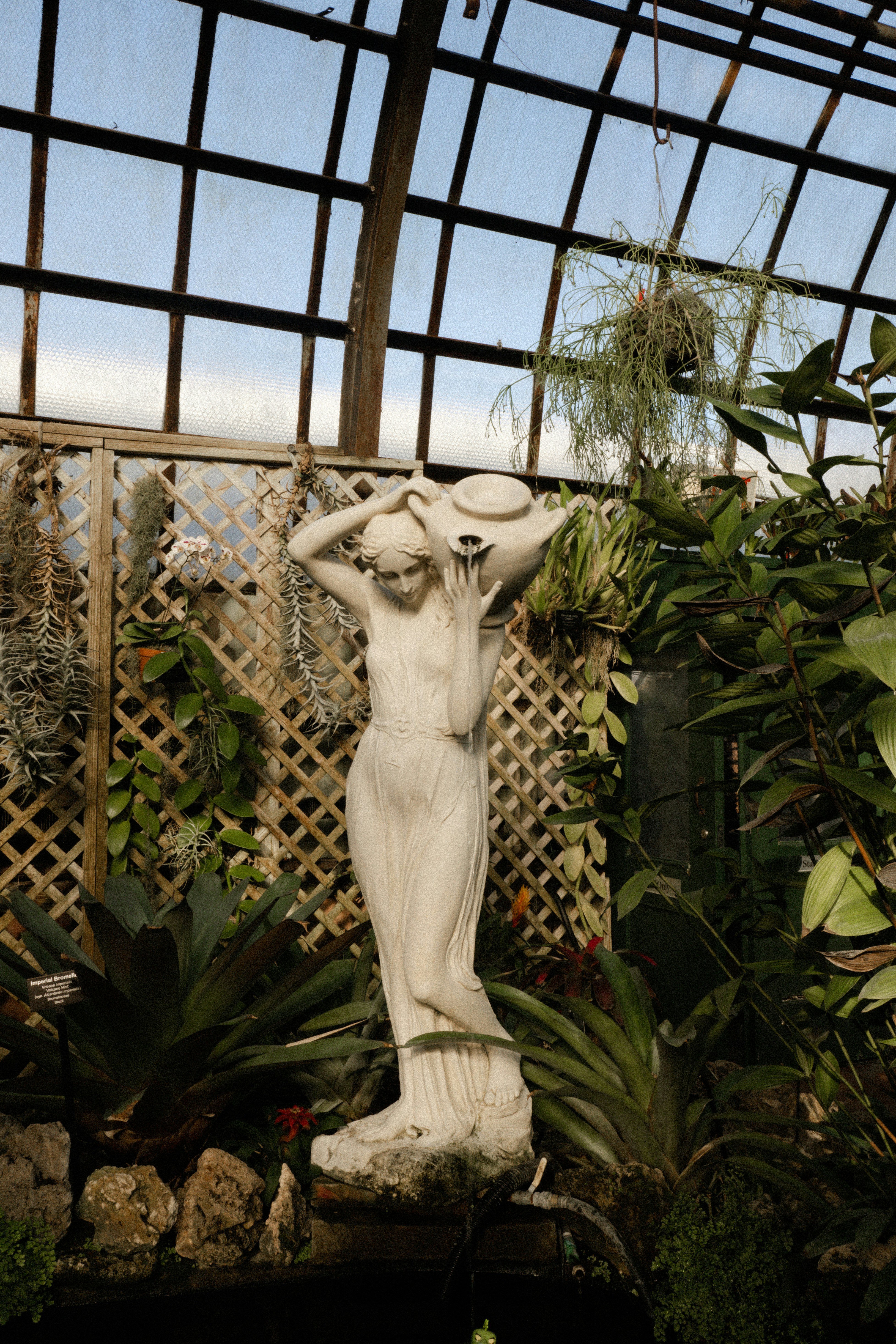Elegant stone statue of a woman holding a vessel, surrounded by lush greenery in a greenhouse setting.