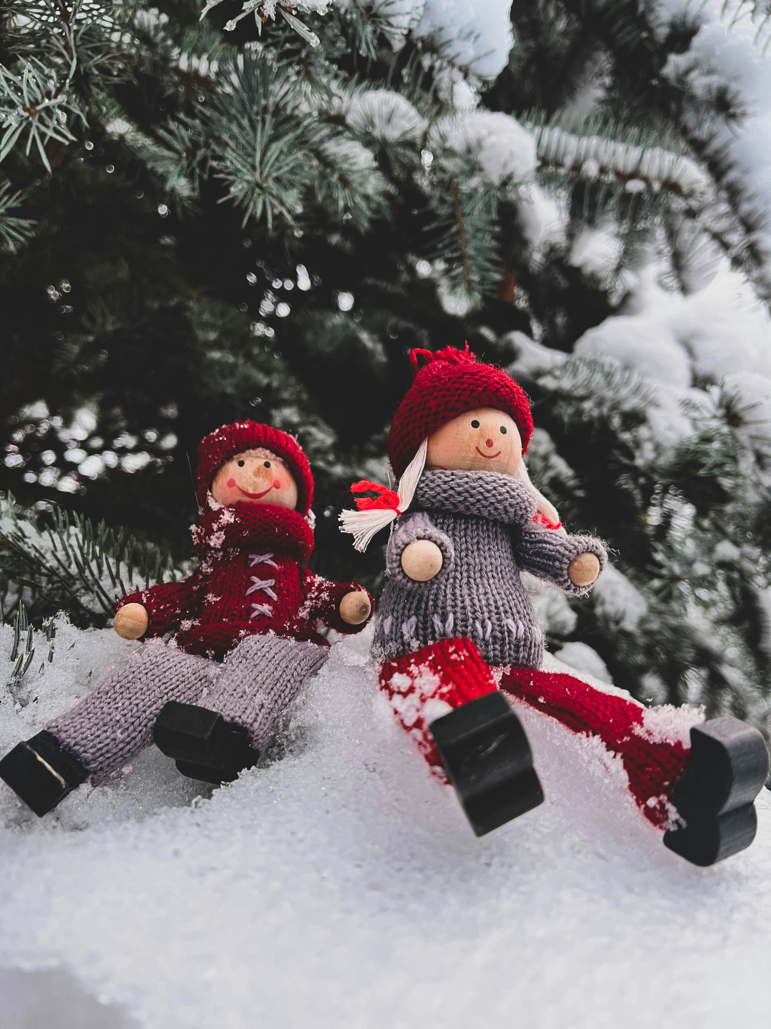 Two Knitted Snow Friends Rest Amid Frosted Pines