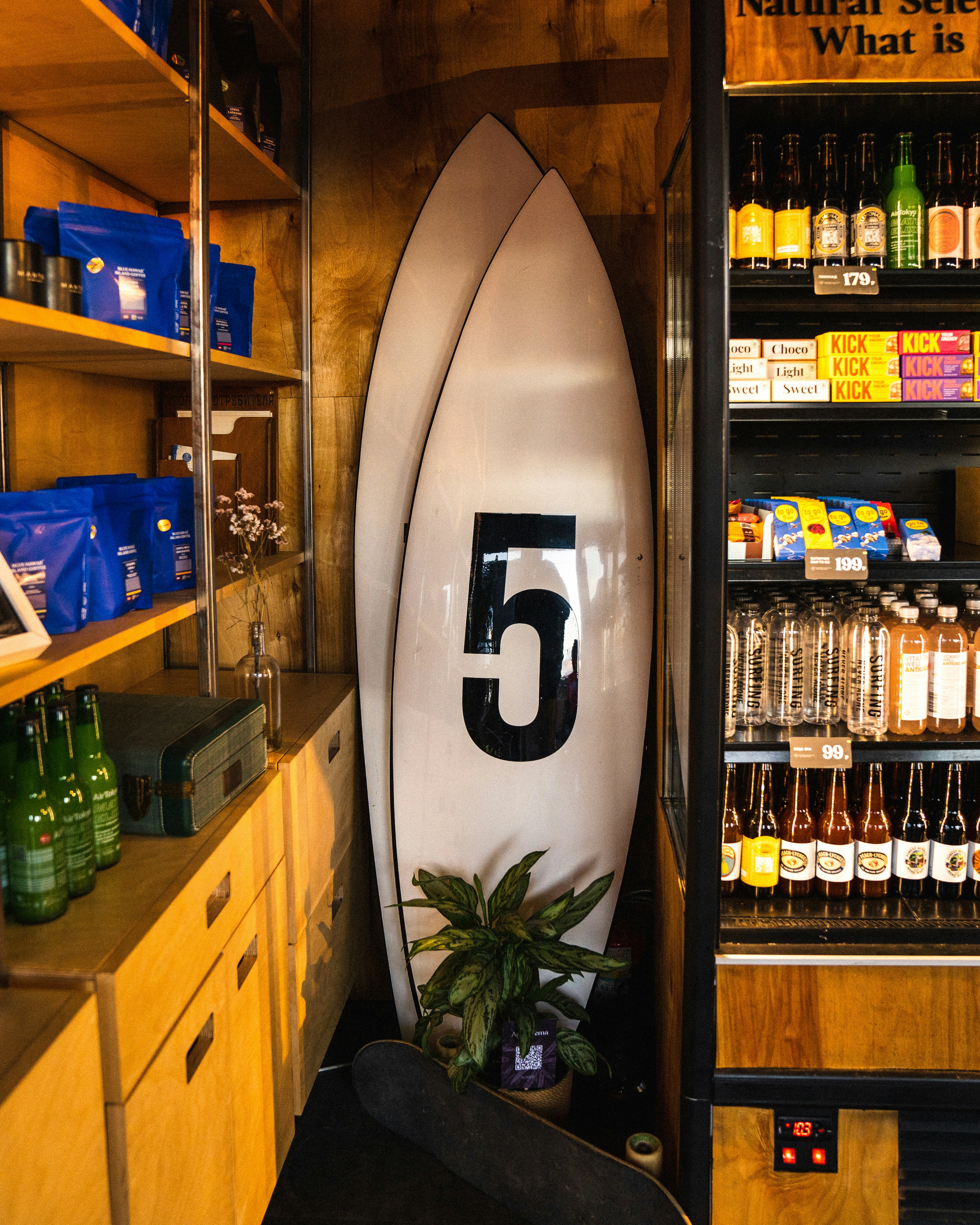 Surfboard Stand-In: A Lucky 5 Propped Between Shelves and Cooler