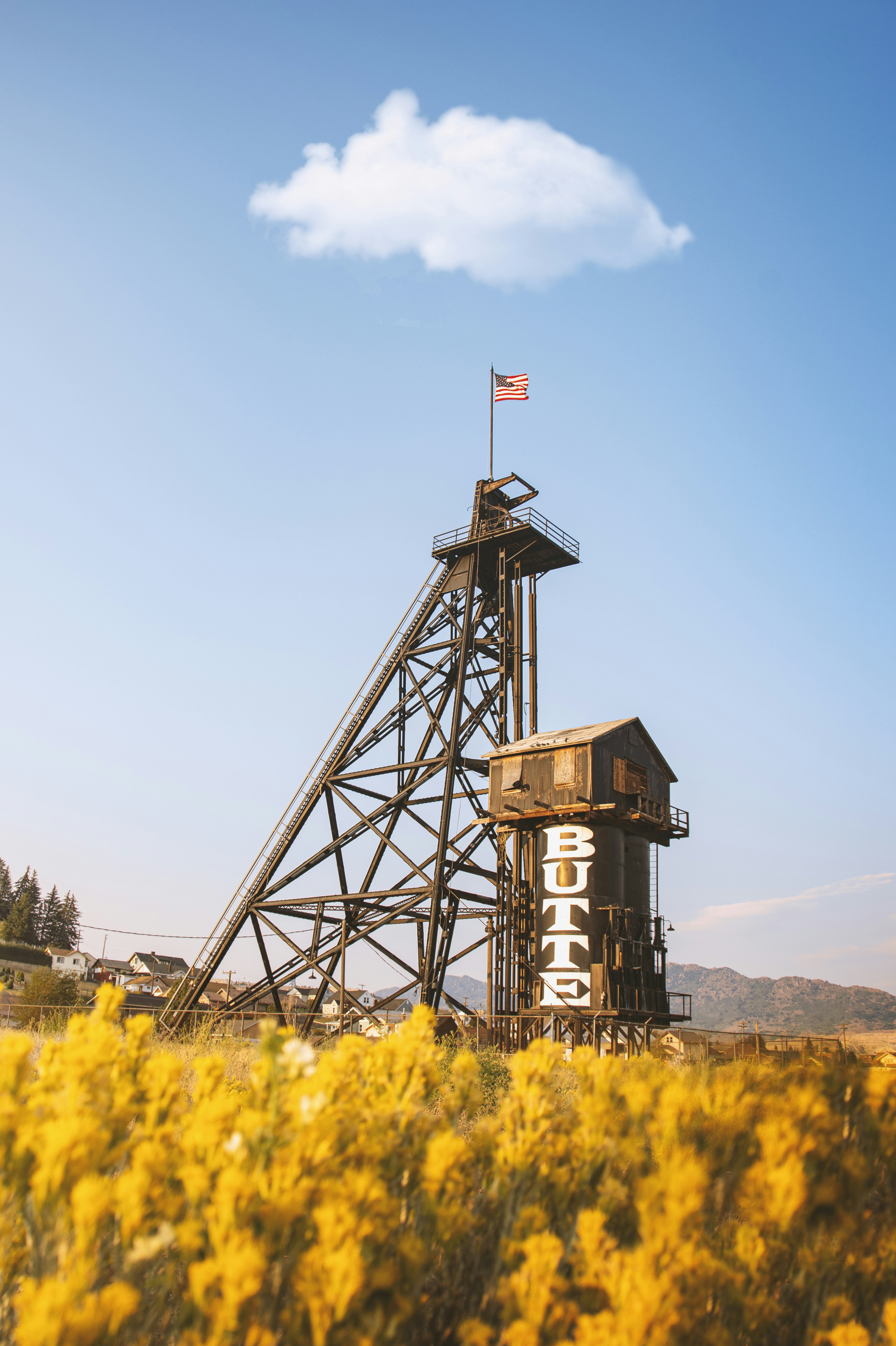 Historic mining structure towering over vibrant yellow wildflowers under a clear blue sky. The American flag flutters atop, symbolizing resilience.