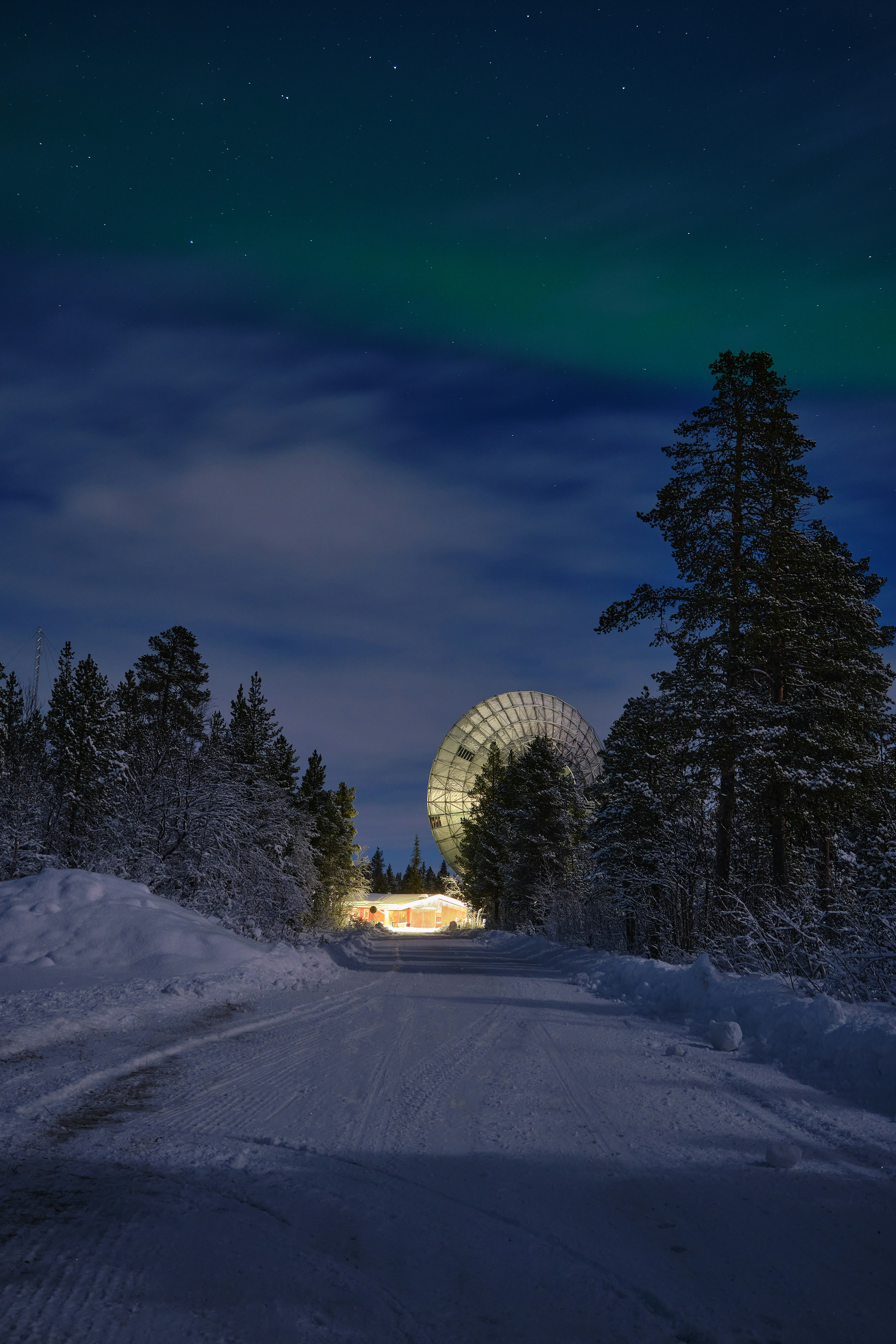 A snowy road leads to a large satellite dish illuminated by soft light, surrounded by tall trees under a starry night sky.