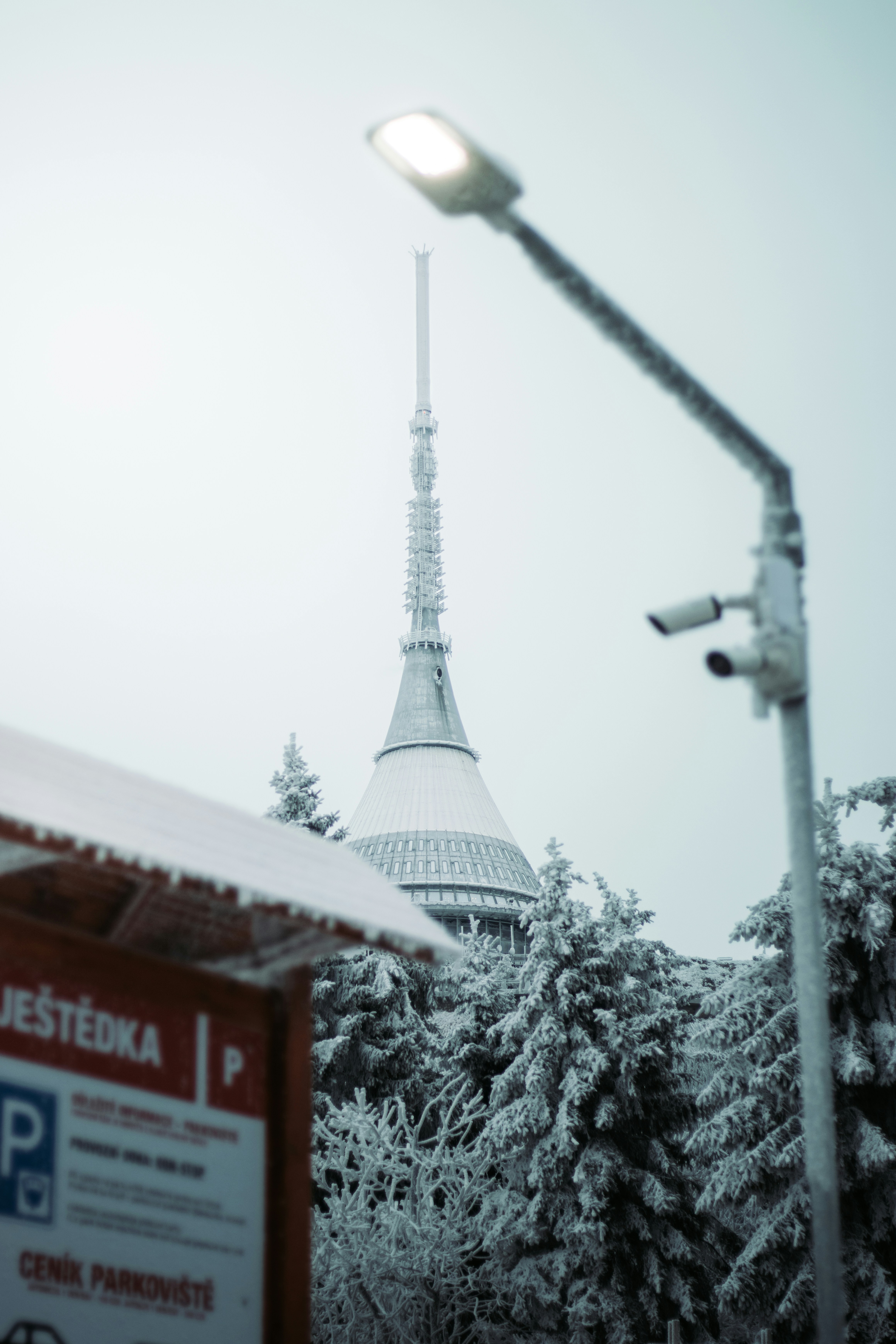 Snow-covered trees frame a towering spire, partially obscured by a gentle winter haze. A streetlight casts a soft glow, enhancing the serene atmosphere.
