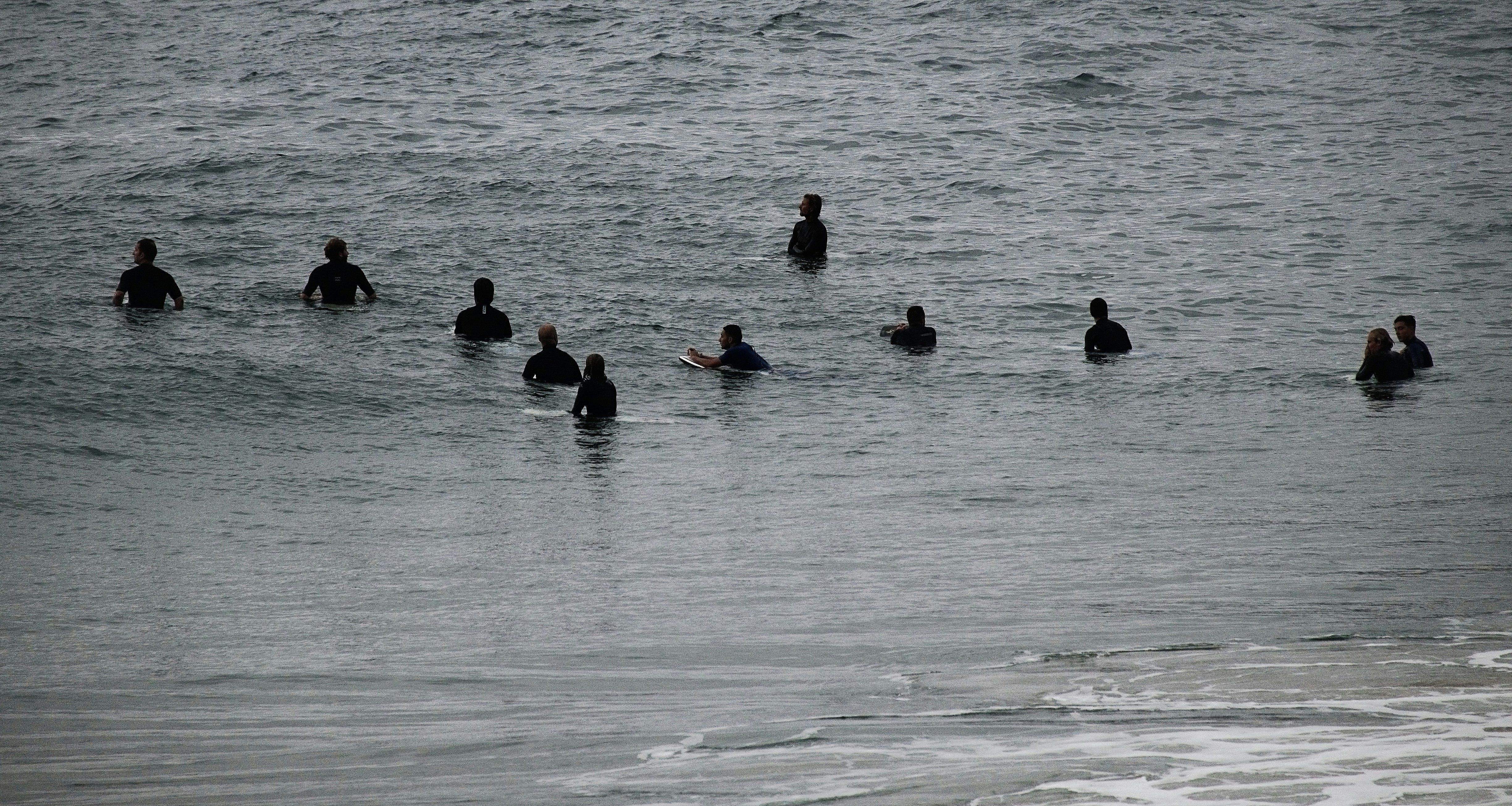 Silhouetted Surfers Gather at the Shoreline