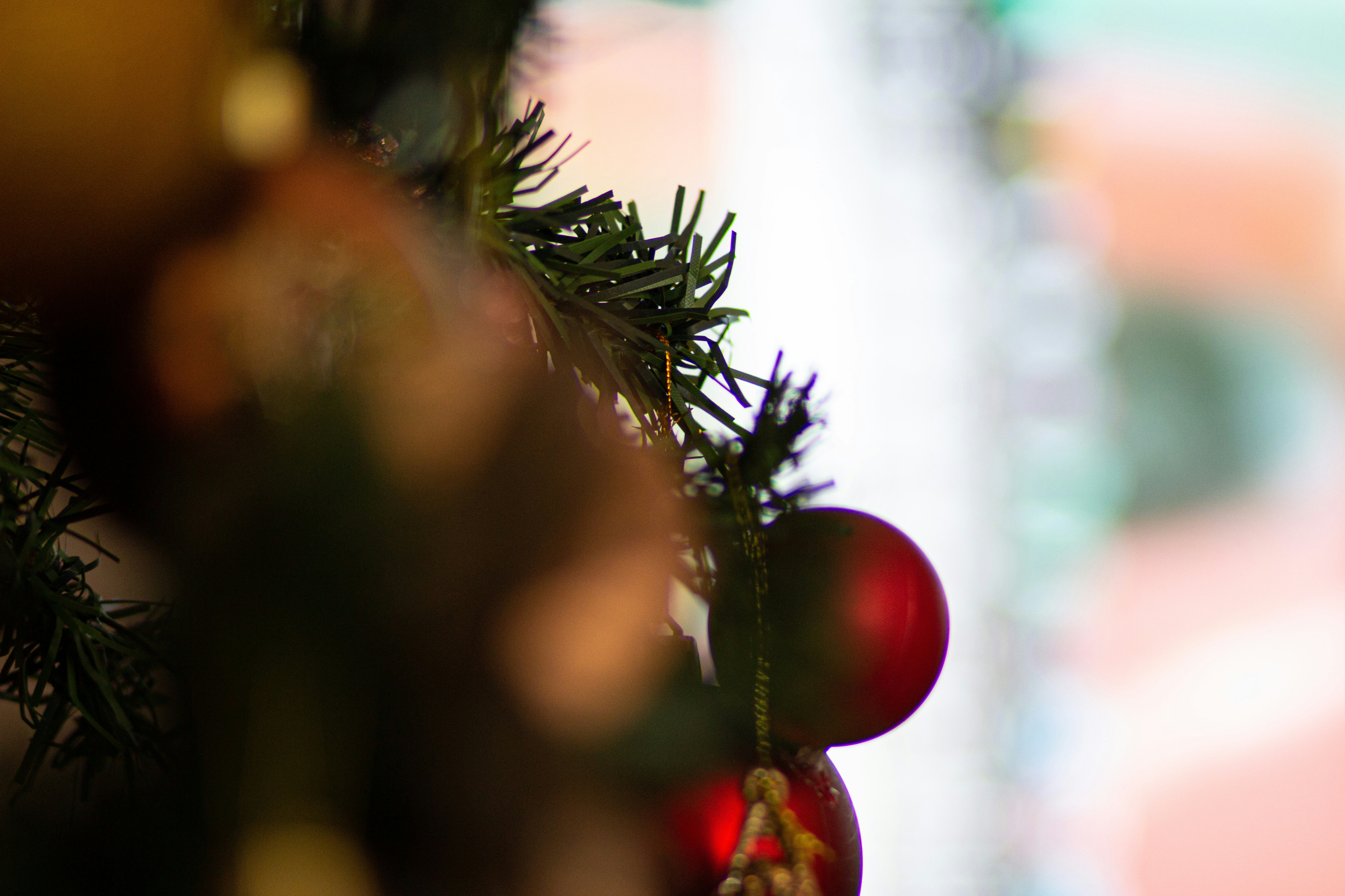 Crimson Bauble in a Velvet Blur: A Close-Up Christmas Moment