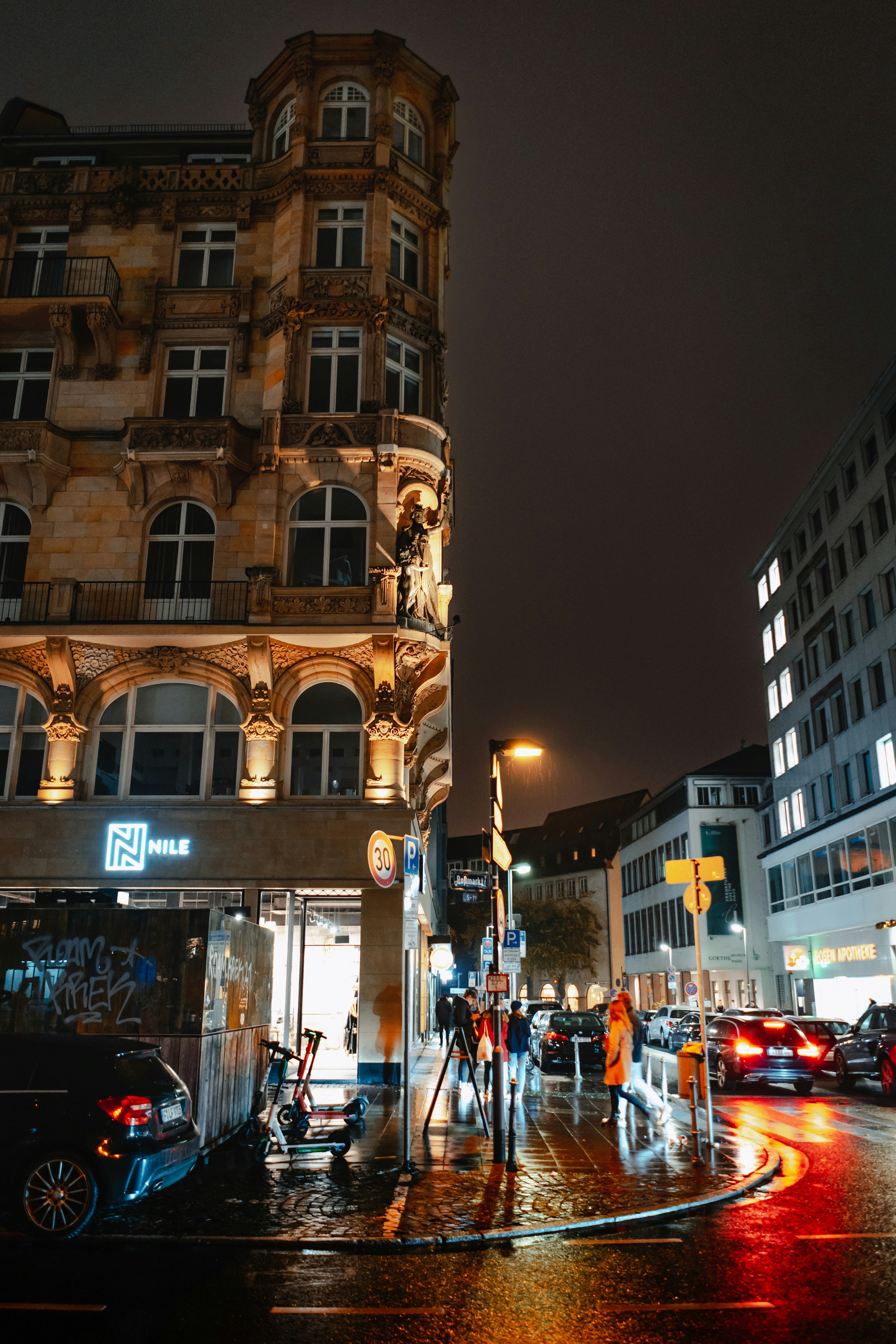 Night Portrait of a Cornered Historic Facade and Street Scene