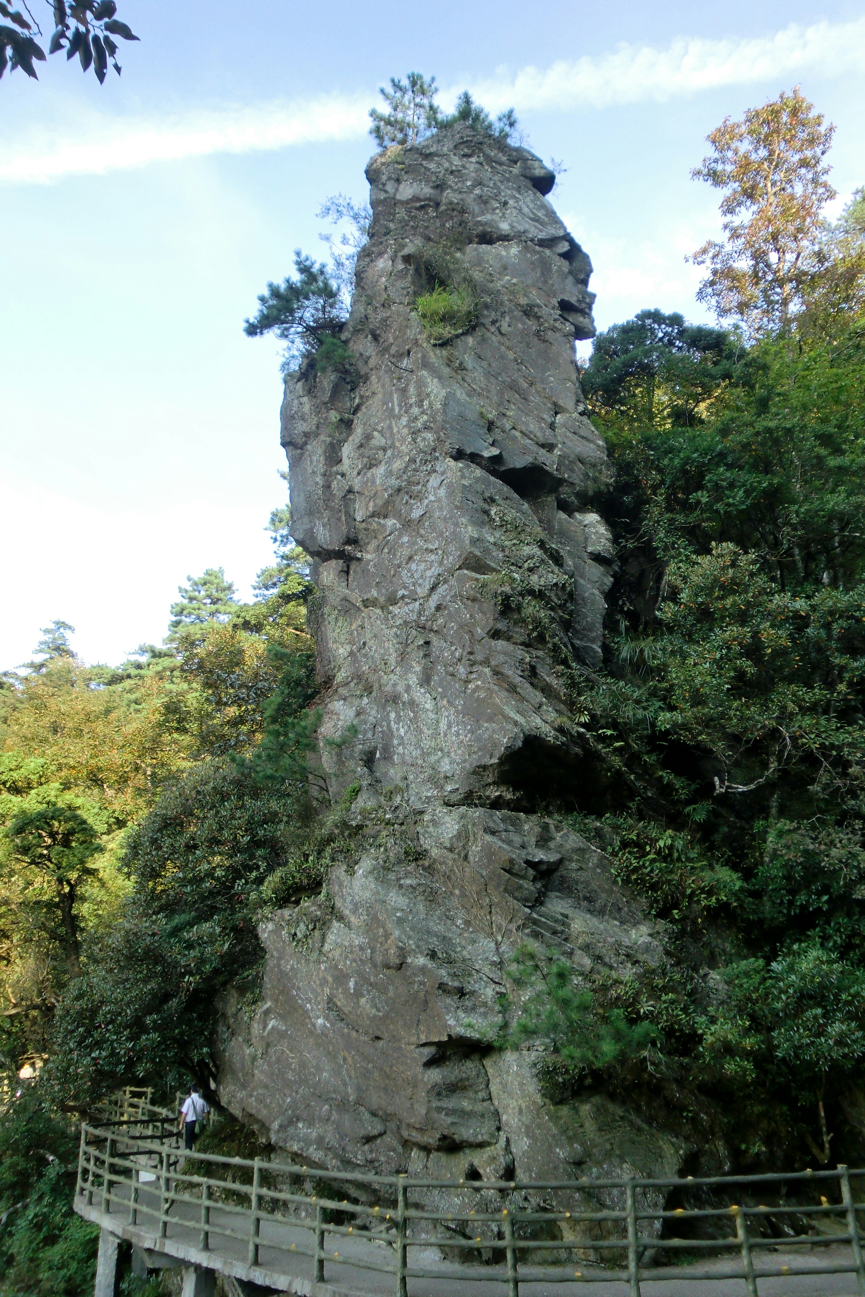 Tall rock pillar rises beside a wooden railing along a forest trail, with sunlight highlighting its rugged surface and surrounding greenery. The composition emphasizes geological form framed by trees.