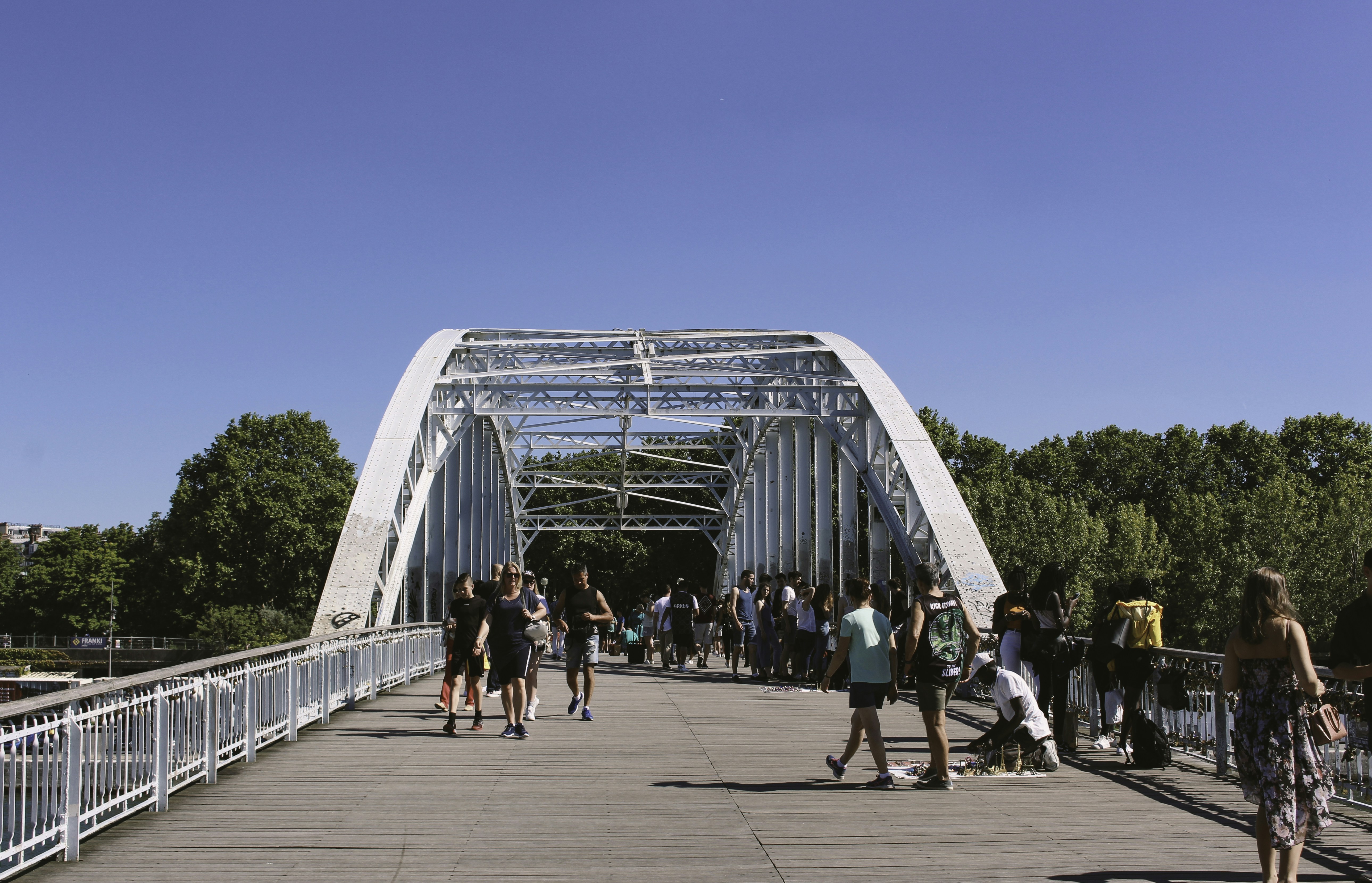 Crowd of people enjoying a sunny day on a pedestrian bridge, surrounded by lush greenery.