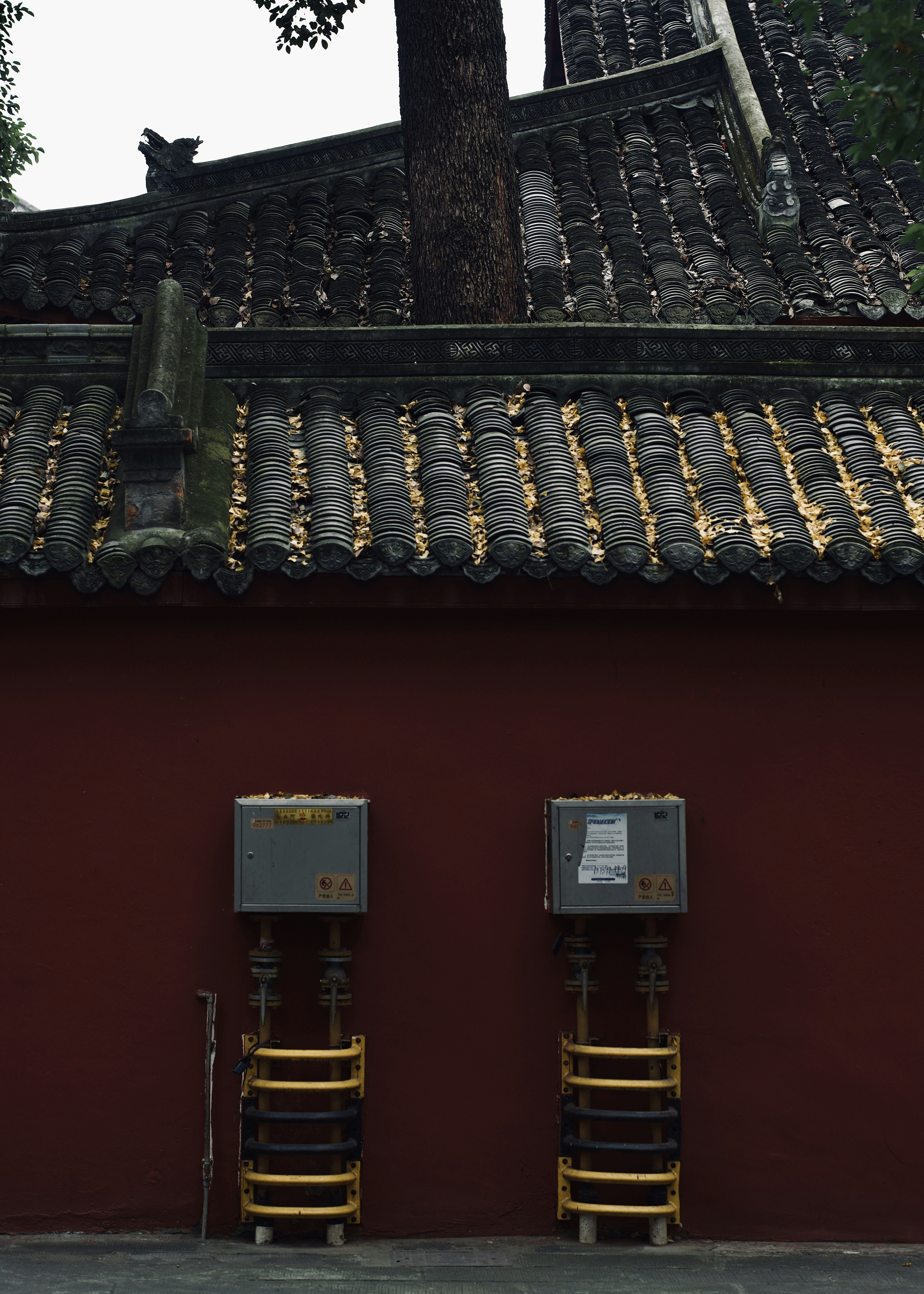 a red wall with two metal boxes next to a tree