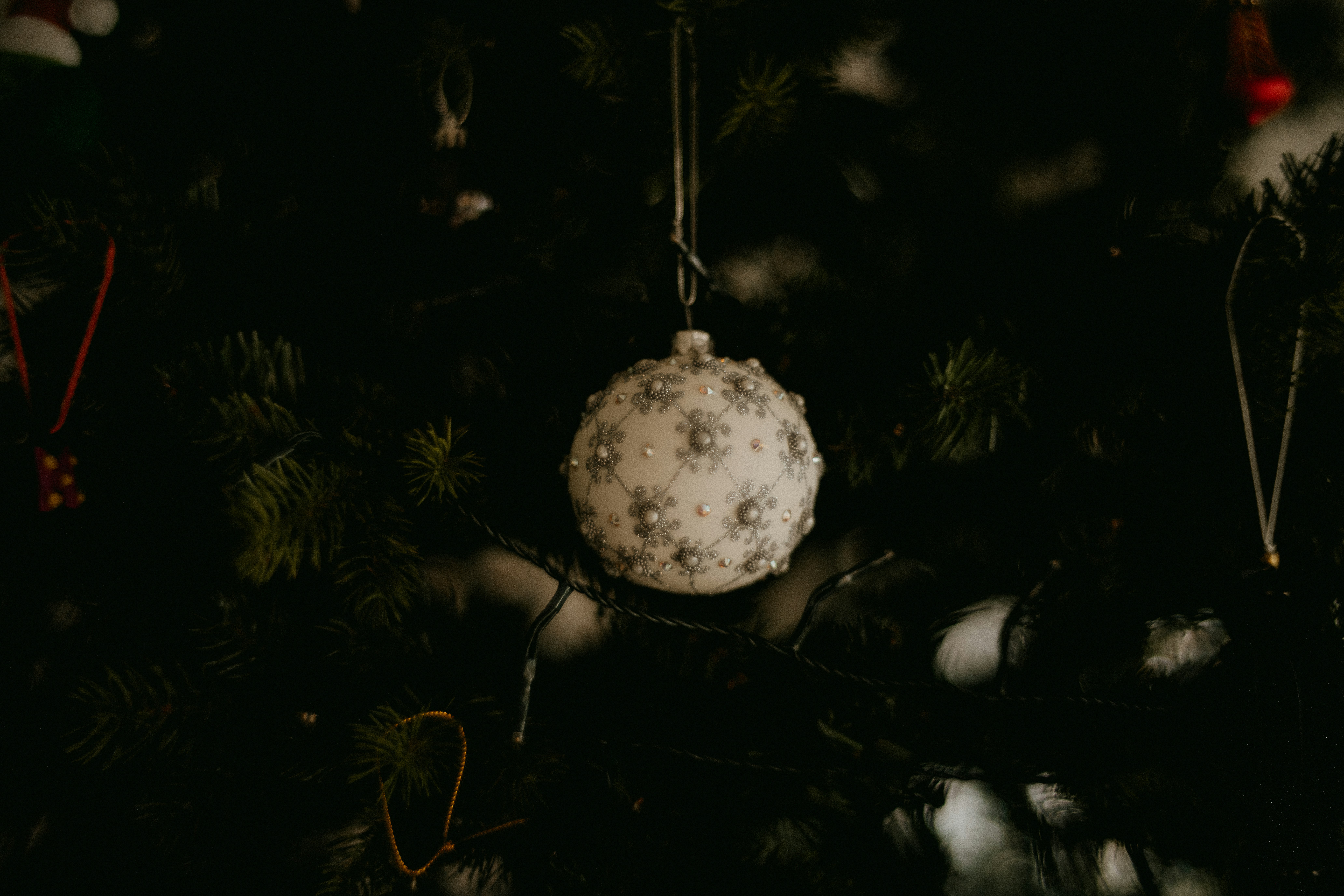 a white ornament hanging from a christmas treeAnnie Spratt