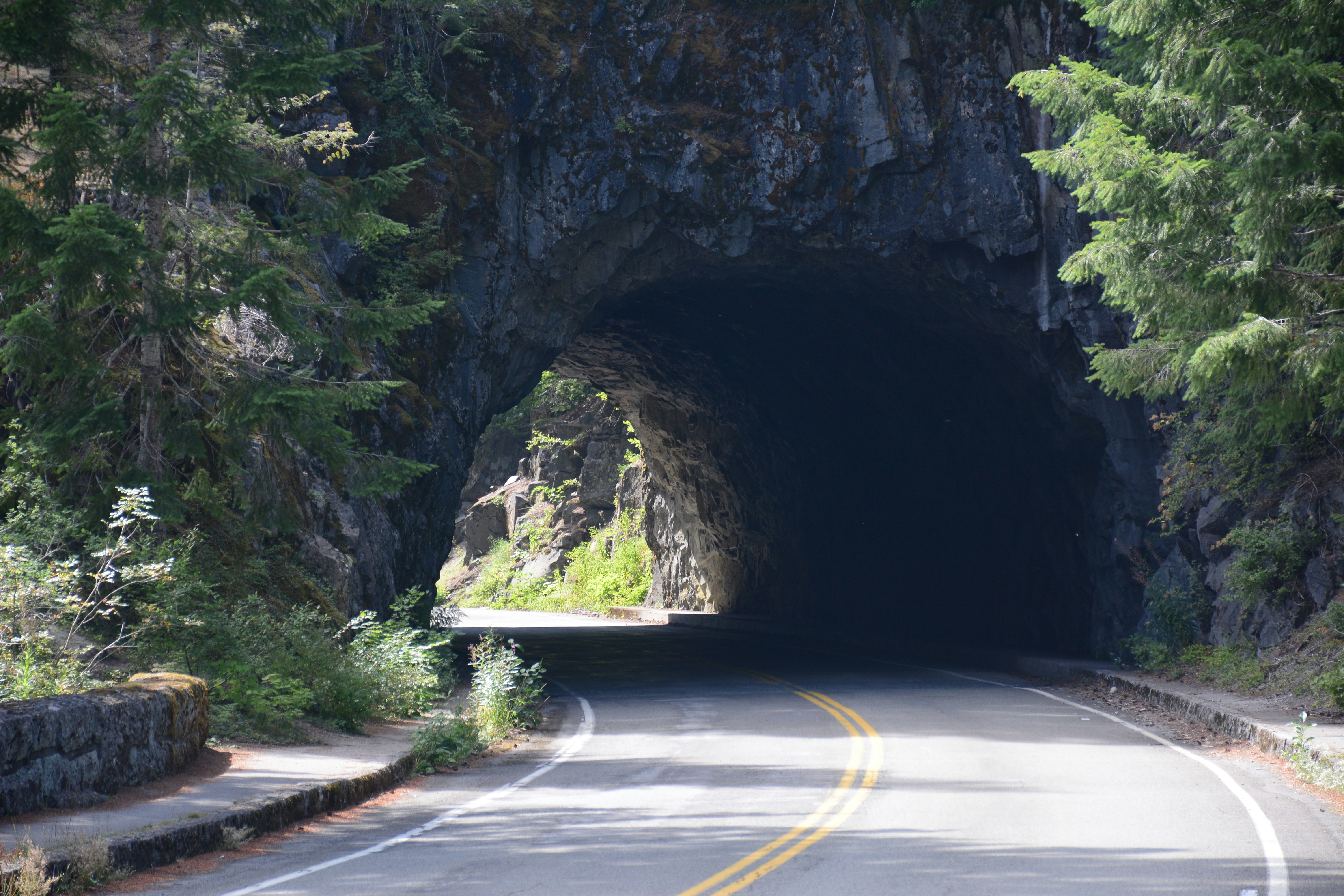 A winding road leads into a dark tunnel carved through rocky terrain, framed by lush greenery on either side.