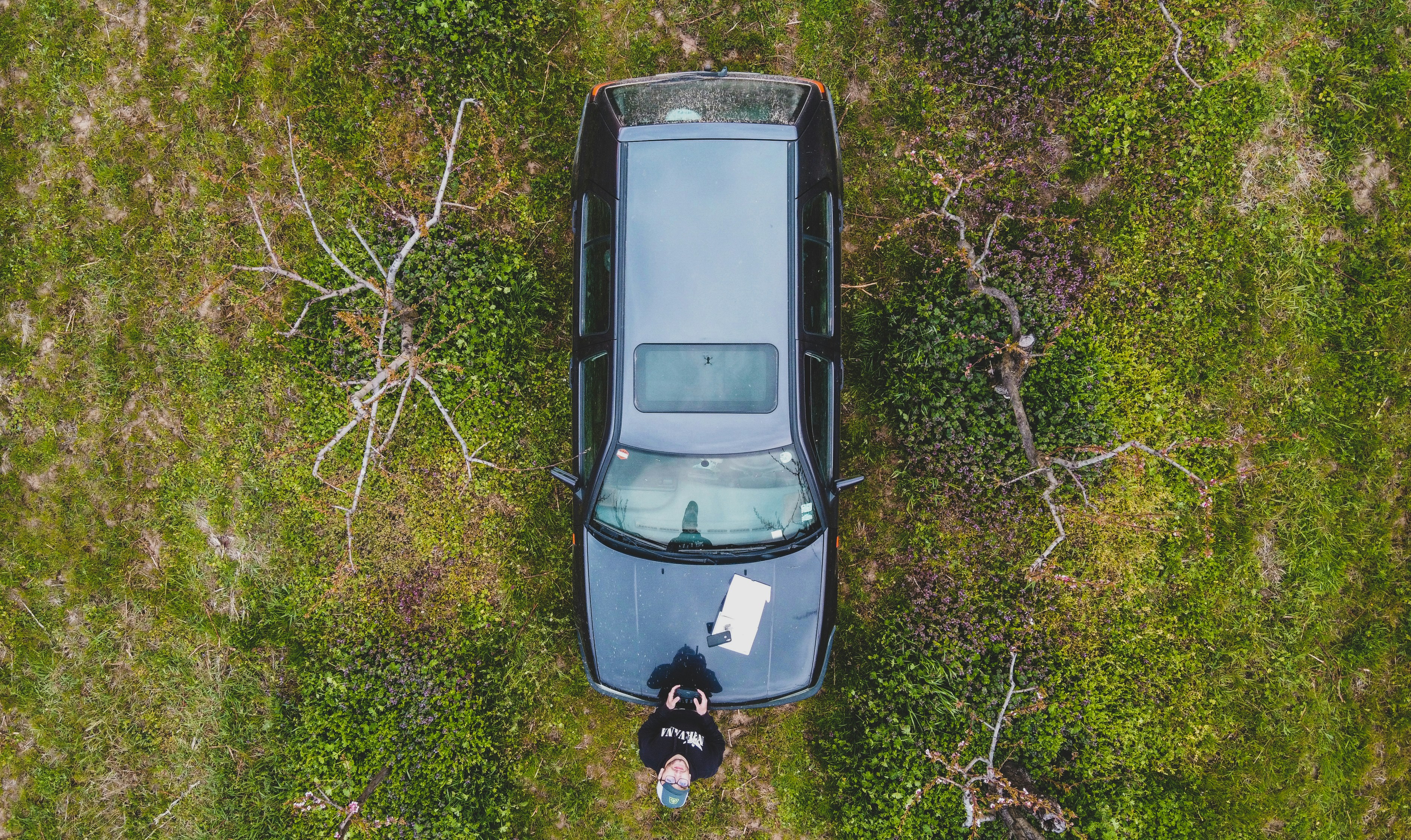 Drone-view: a blue sedan resting amid emerald moss