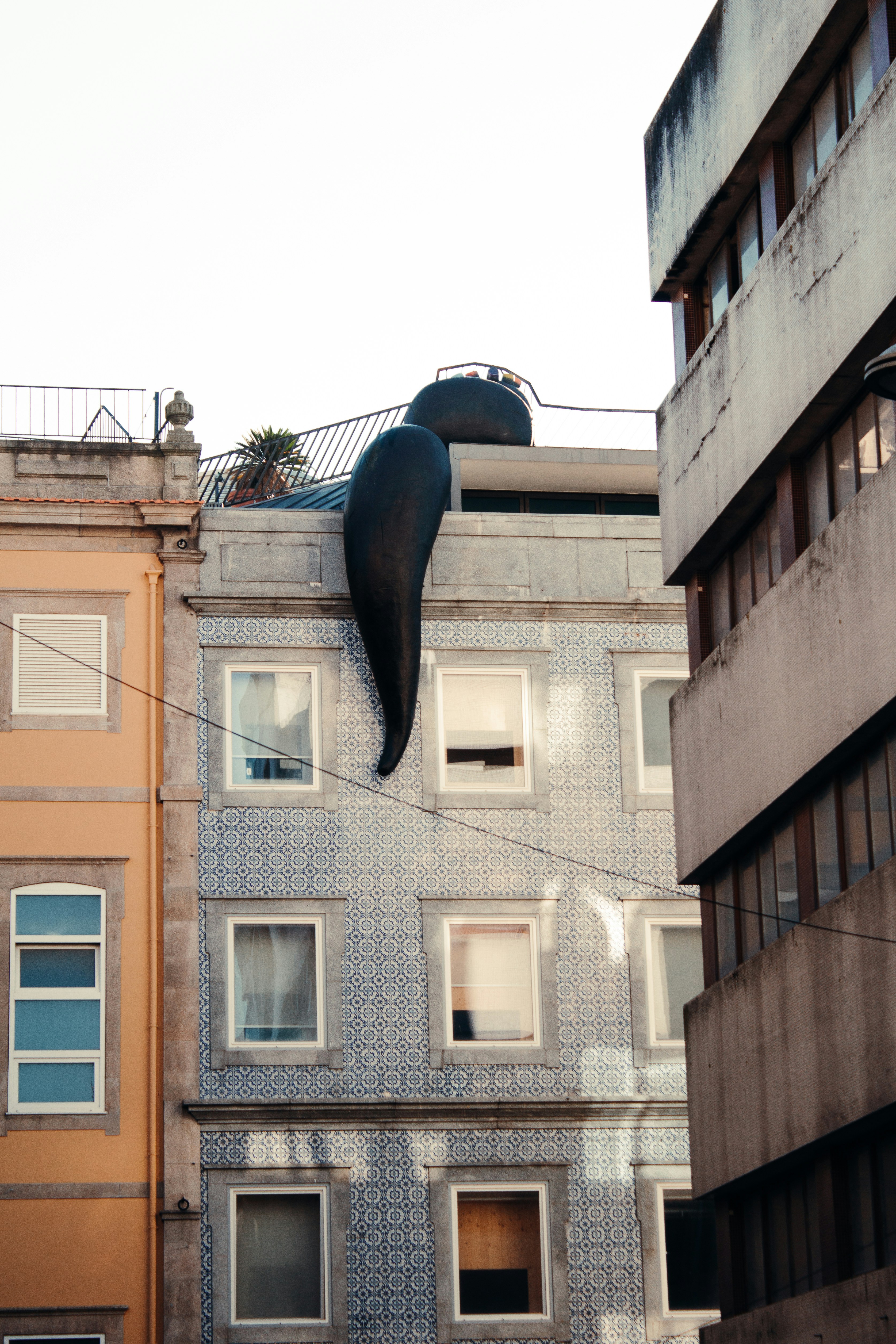 Rooftop Leviathan: A Dark Silhouette Over Azulejo Facades