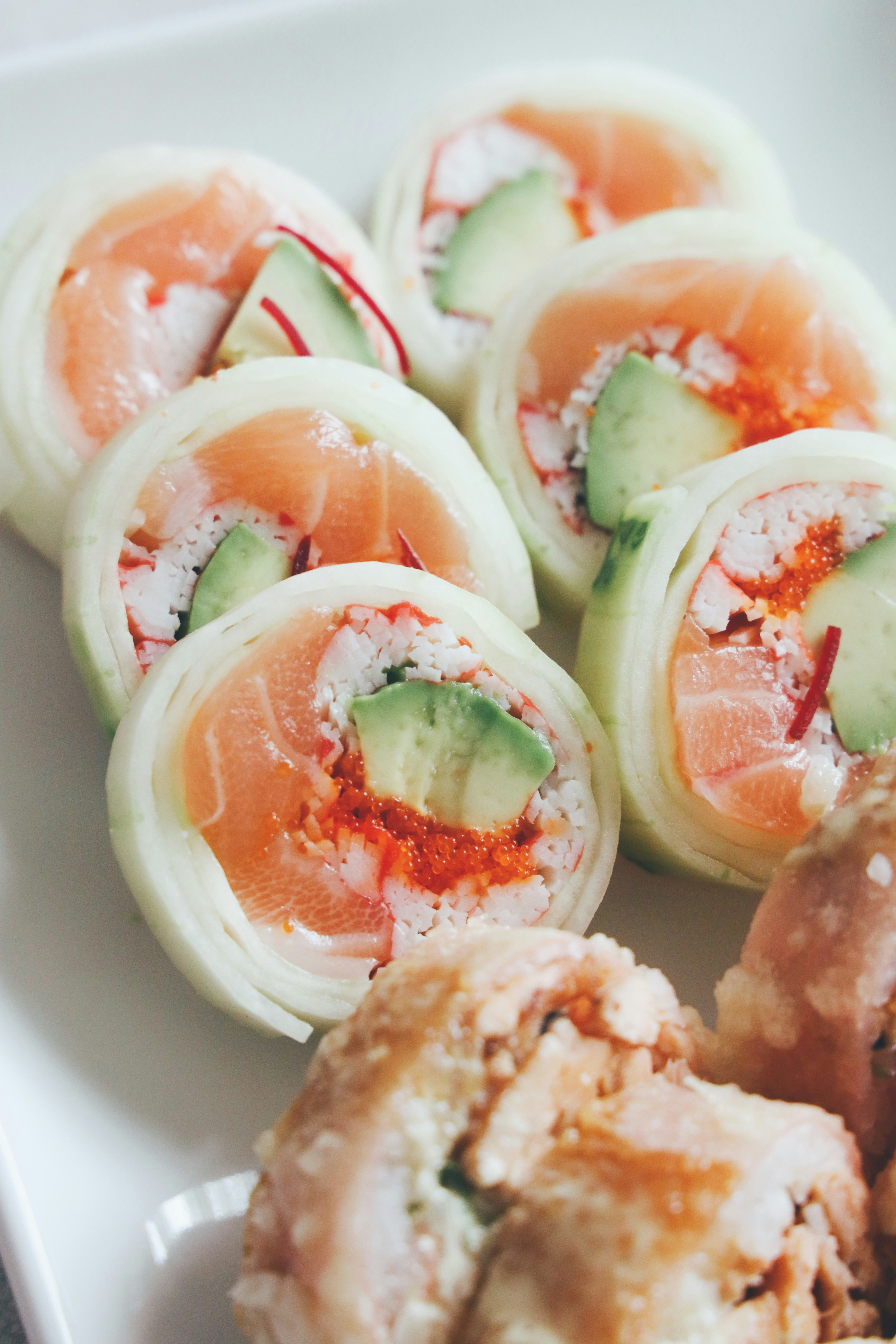 Circular Salmon-Avocado Sushi Rolls with Cucumber Crystals