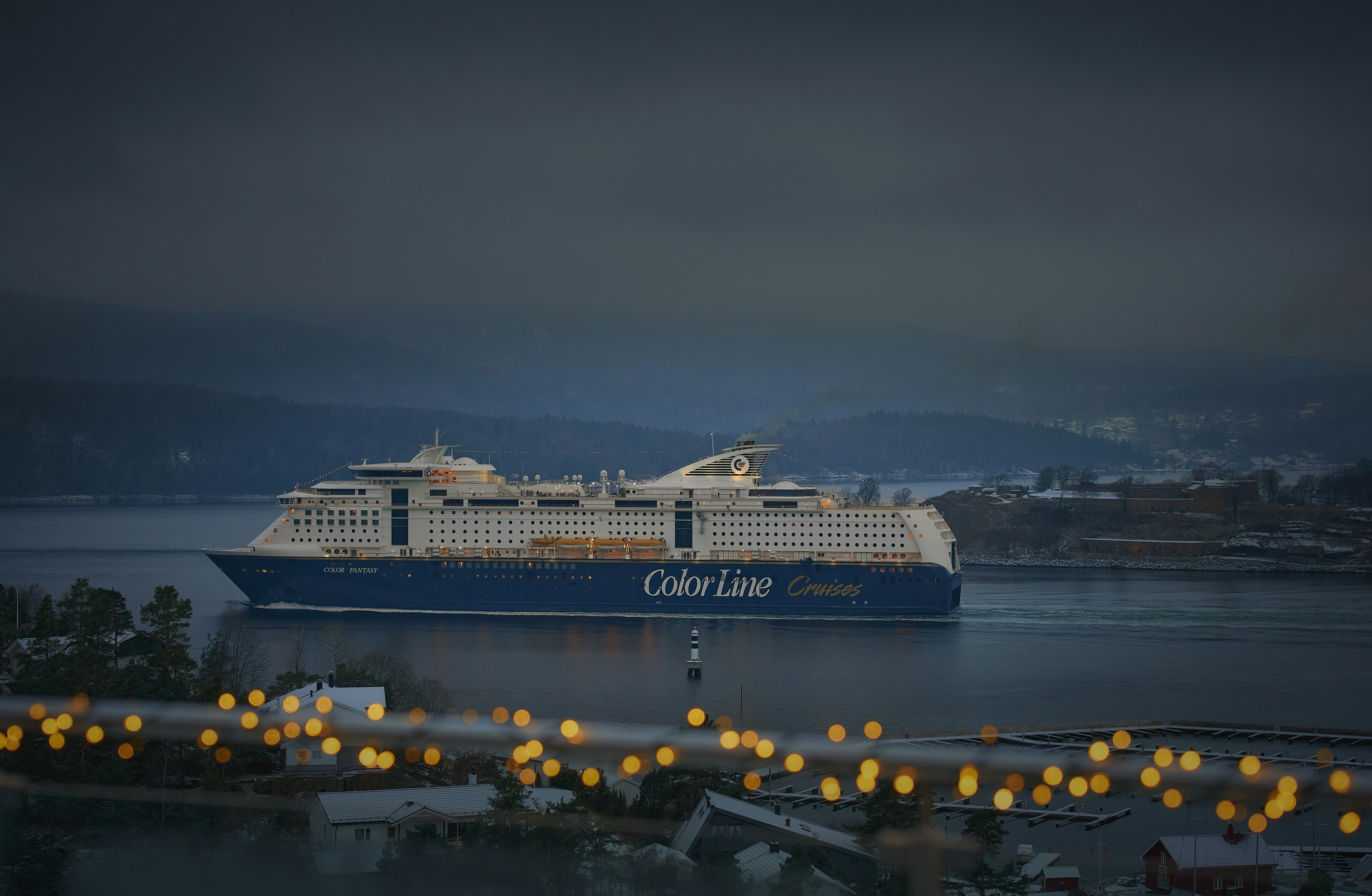 Blue Hour Drift: Color Line Cruise Across a Quiet Harbor