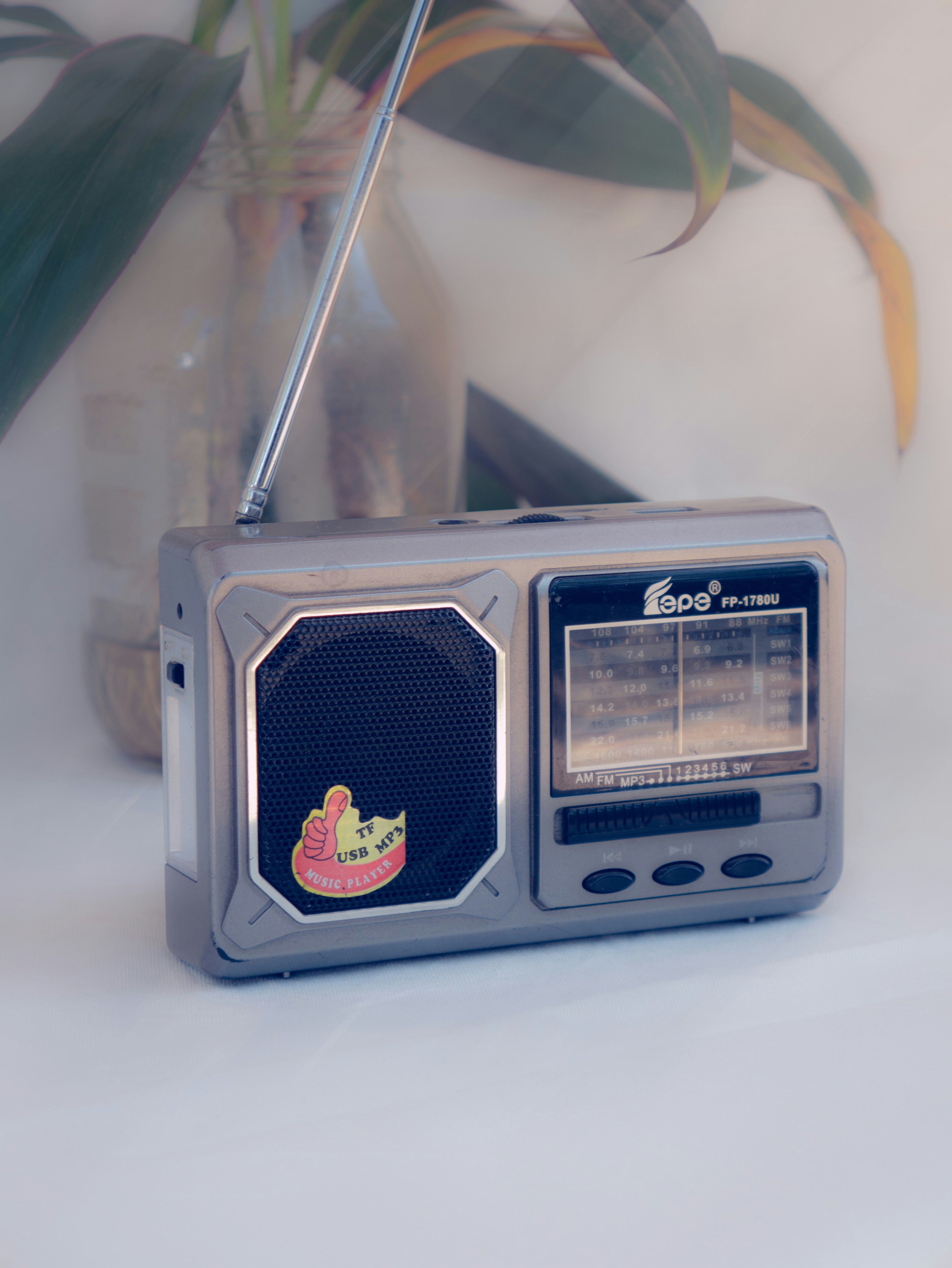 A retro radio with a vibrant sticker, set against a softly blurred background of green foliage. The design showcases a nostalgic aesthetic.