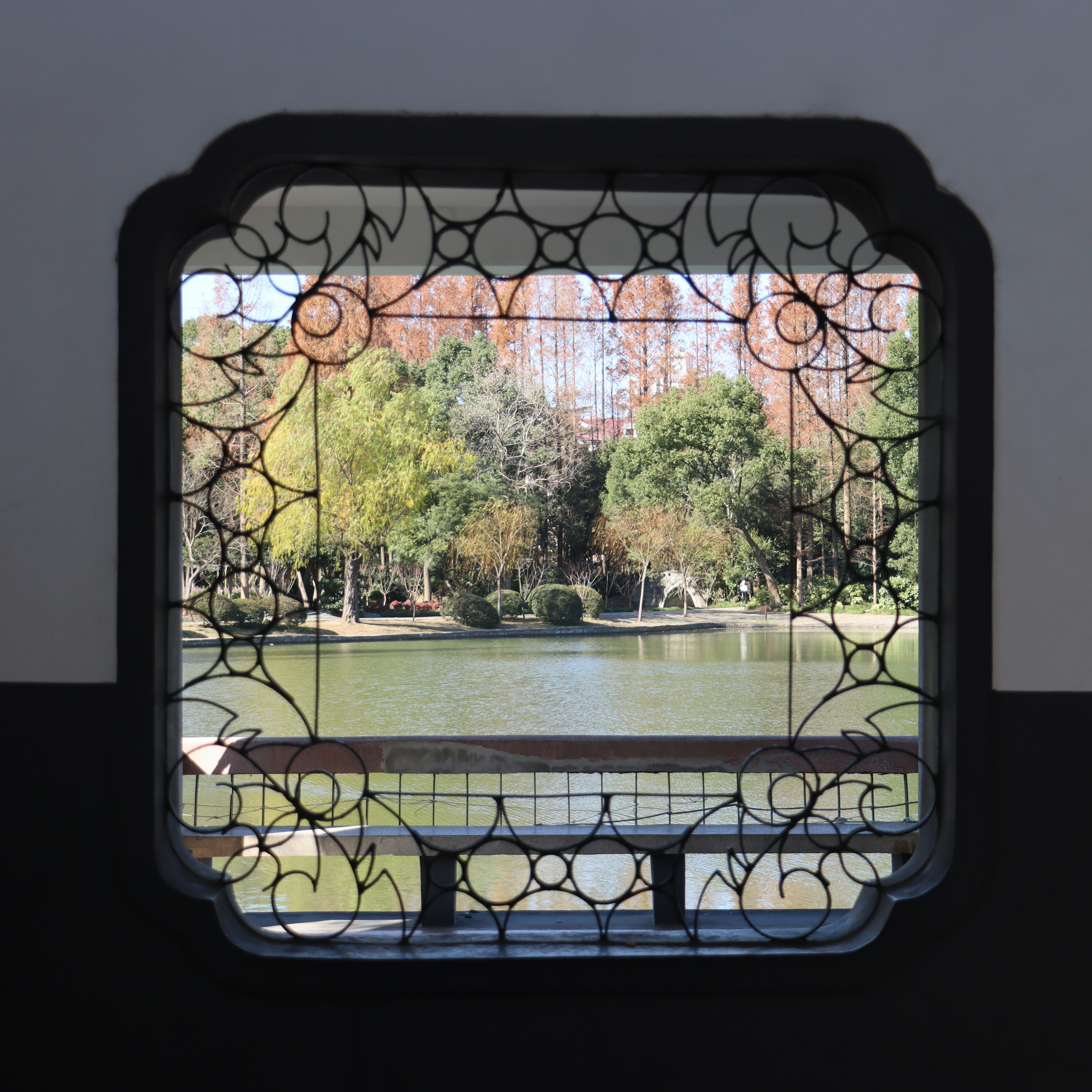 Framed Tranquility: Pond and Trees Beyond an Ornate Window Lattice