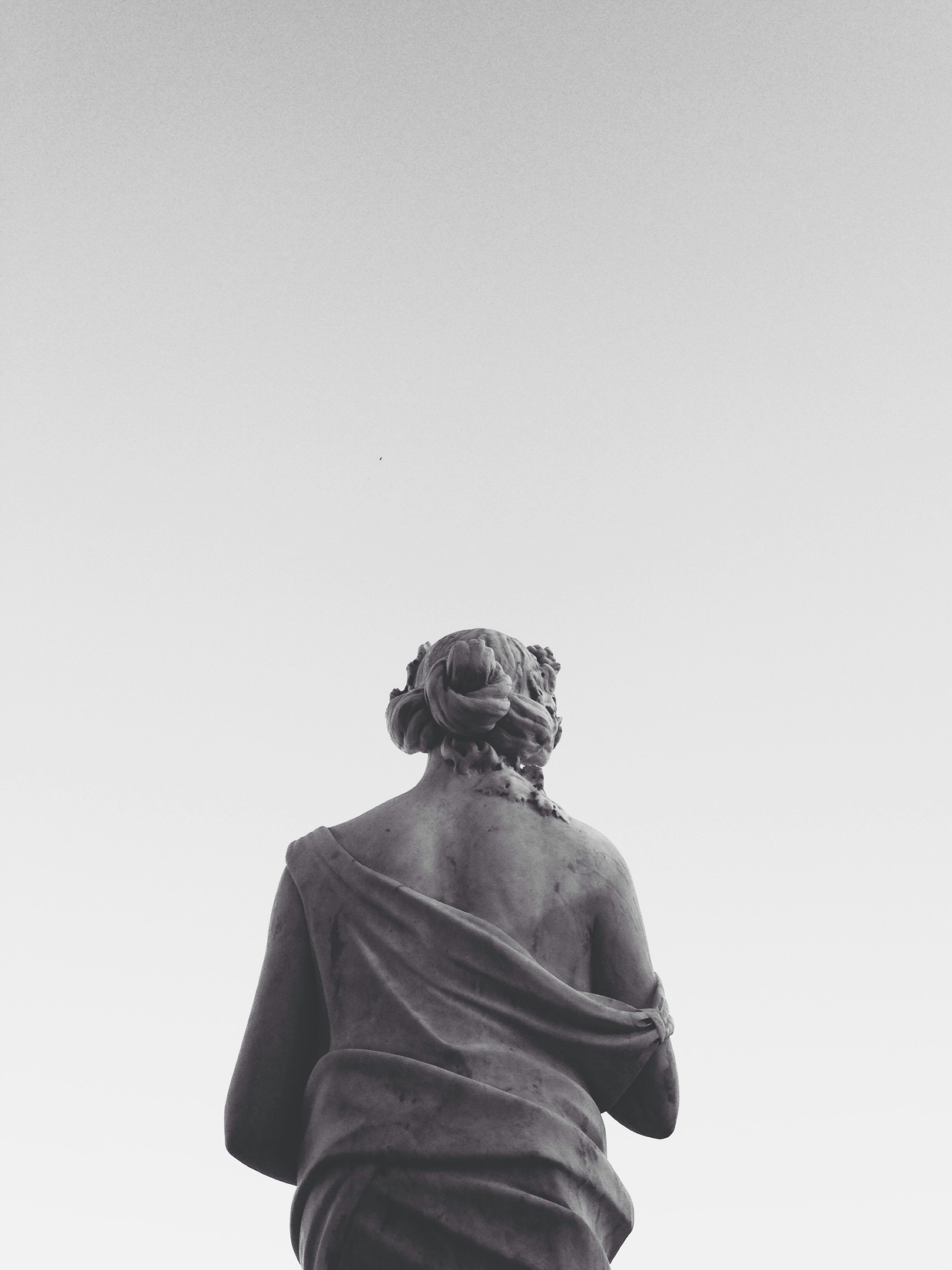 A classical statue viewed from behind, showcasing intricate hair details against a minimalist sky.