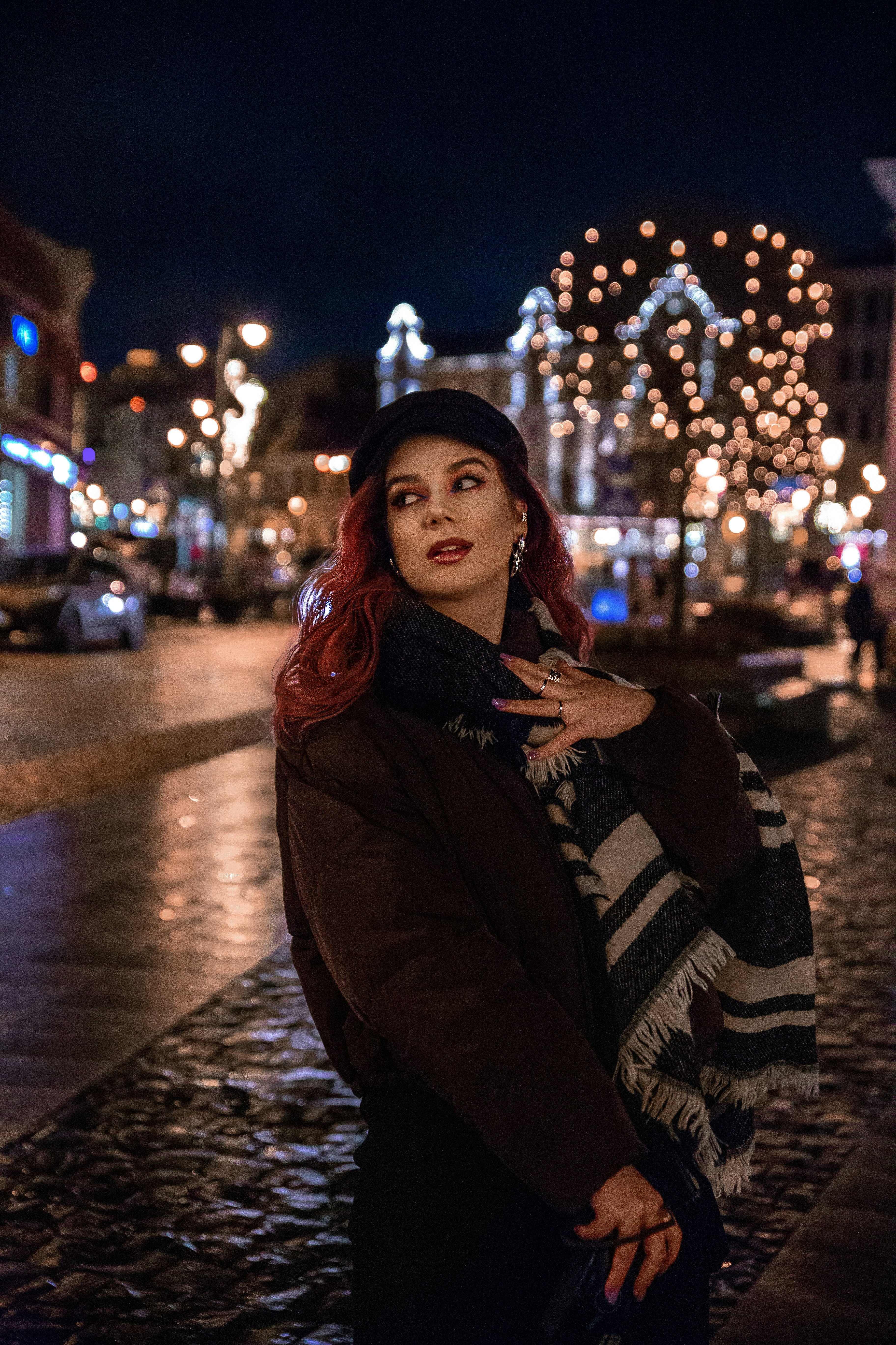 Nocturne in Neon: Portrait Beneath City Glow and Wet Cobblestones