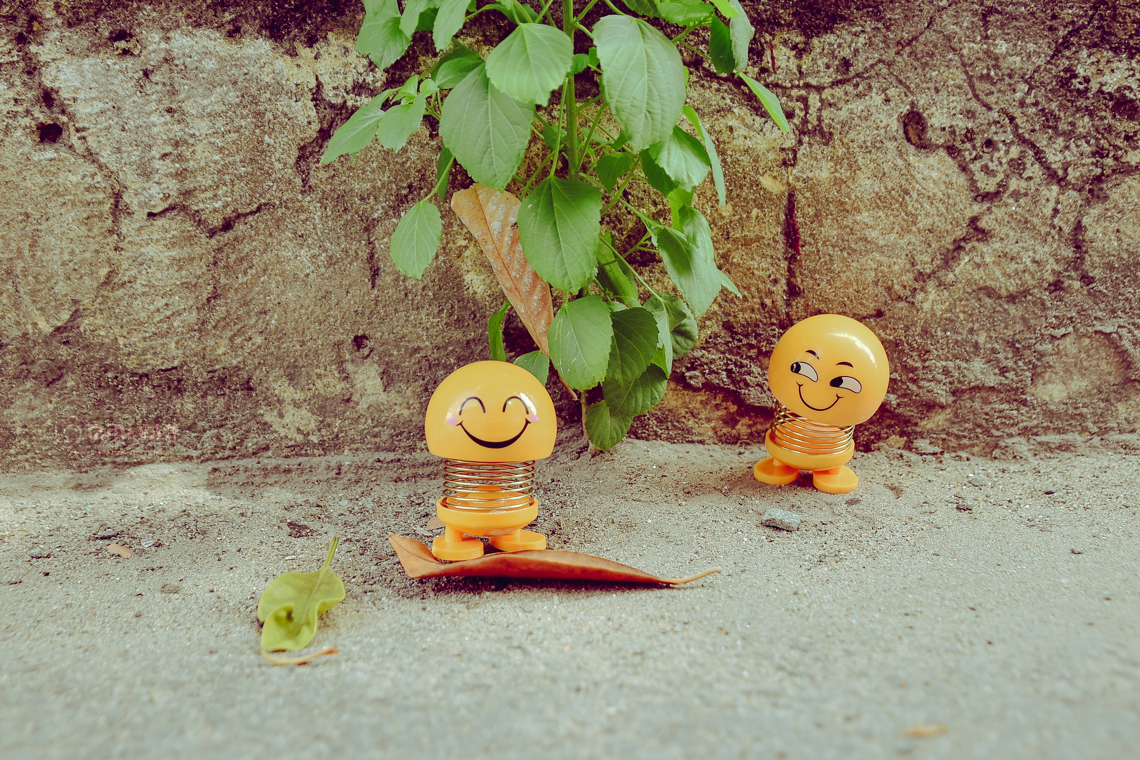 a couple of yellow smiley faces sitting on top of a skateboard