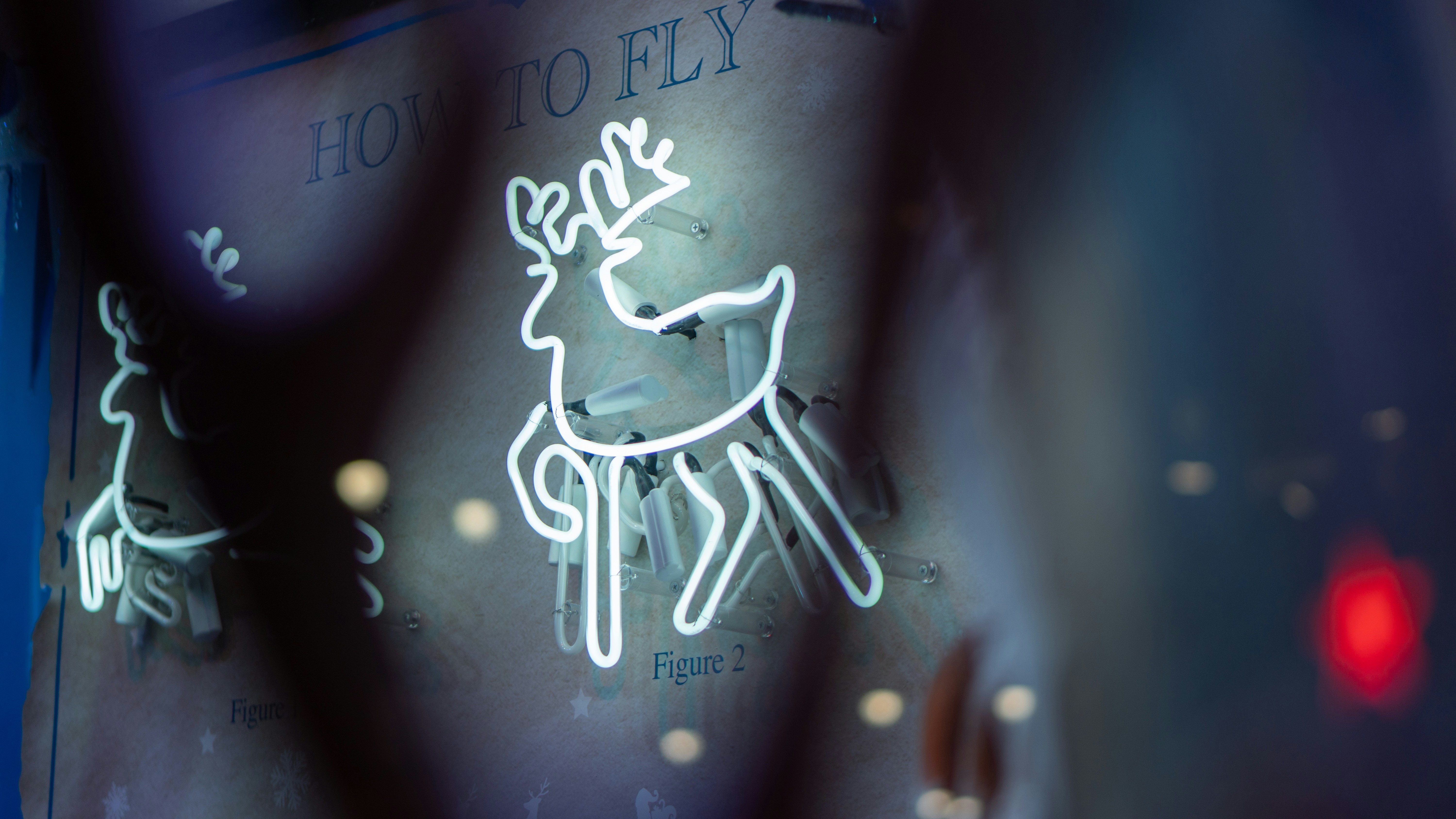 Neon Stag Behind Glass: A Minimal Light Sketch Amid Blurred Bokeh