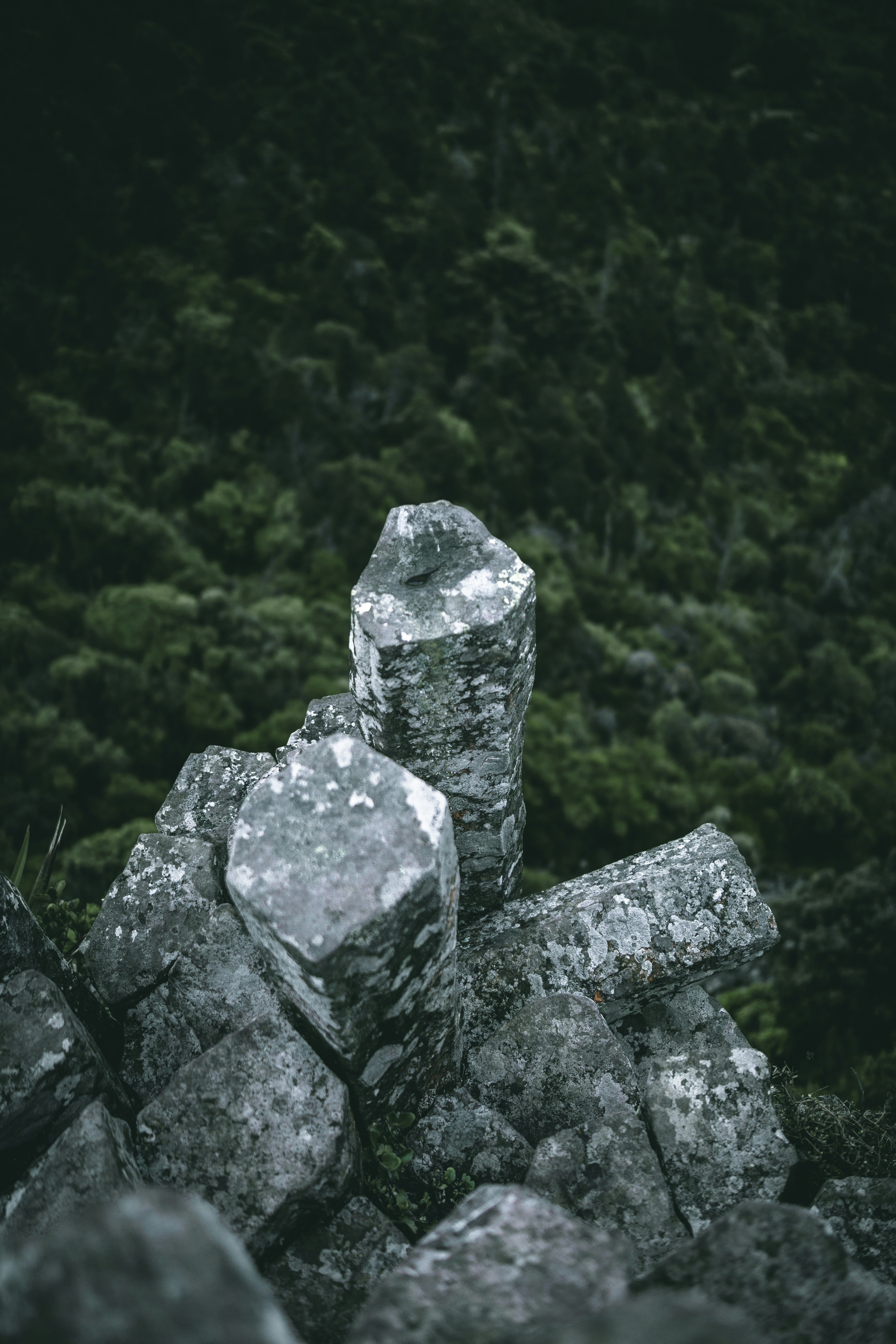 Rugged stone formations rise from a lush green landscape, showcasing the raw beauty of geological artistry.