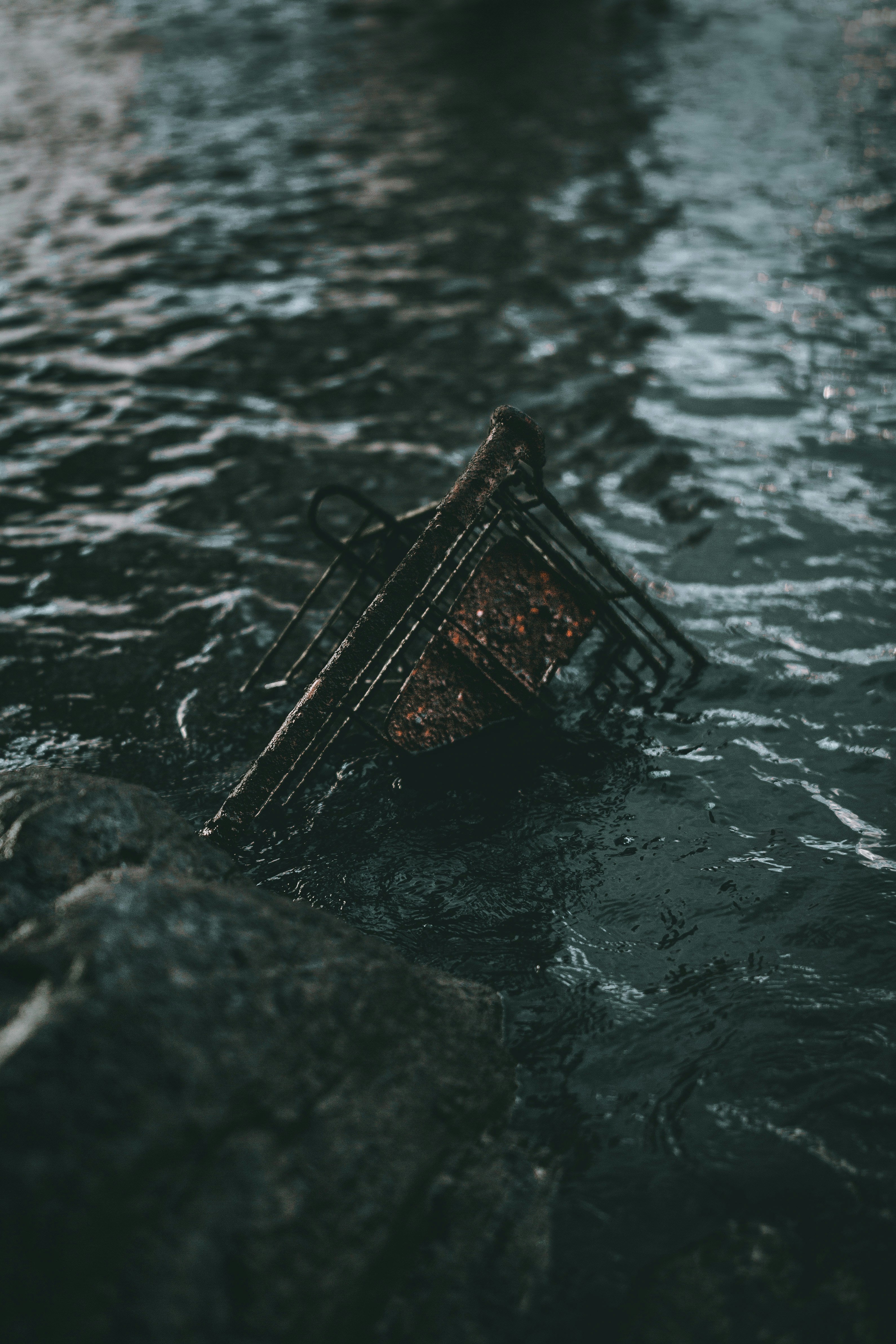 A rusted shopping cart partially submerged in dark water, surrounded by rippling waves. The scene evokes a sense of abandonment and environmental reflection.