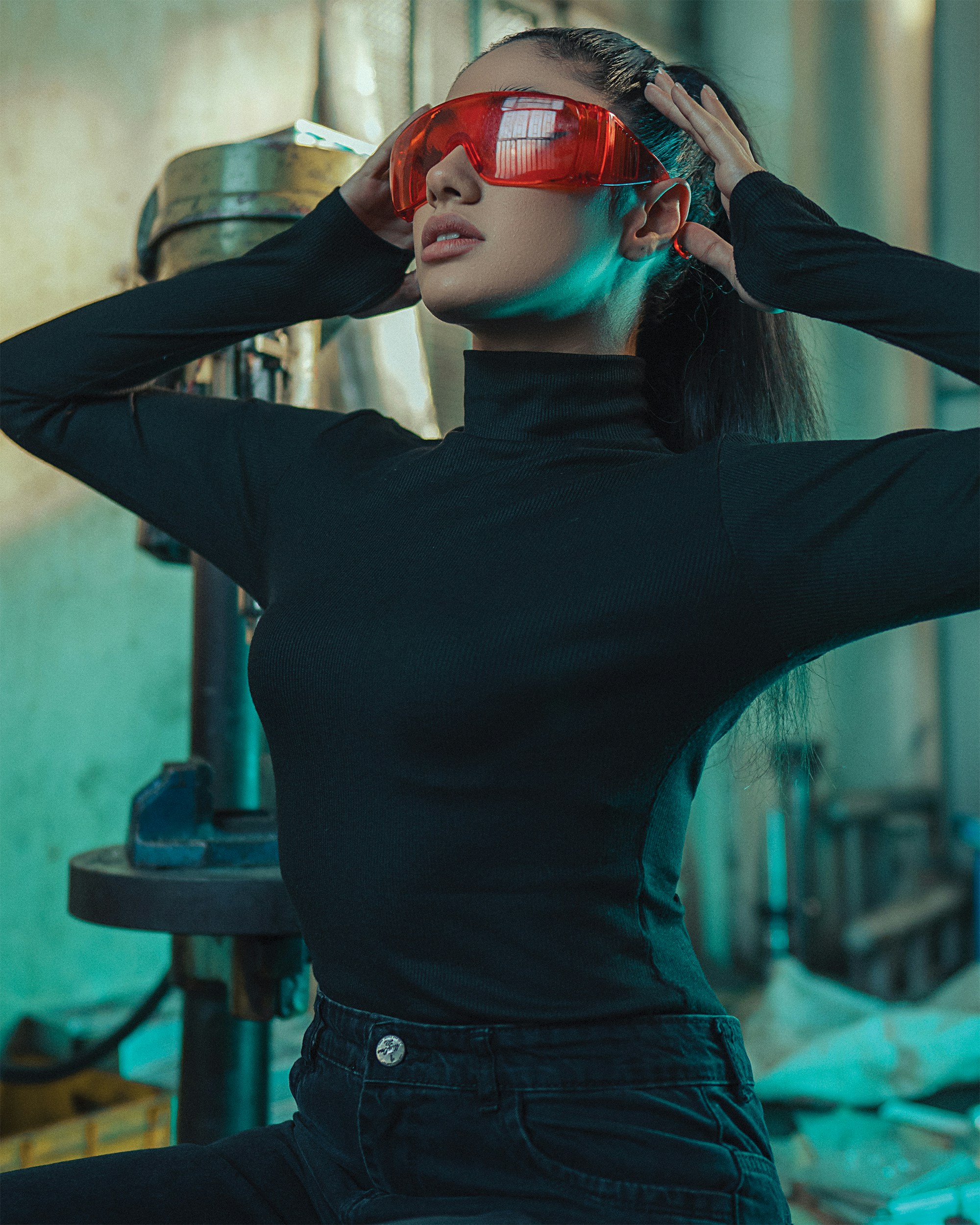 Crimson Visor, Neon Steel: A Futuristic Portrait in a Teal Workshop