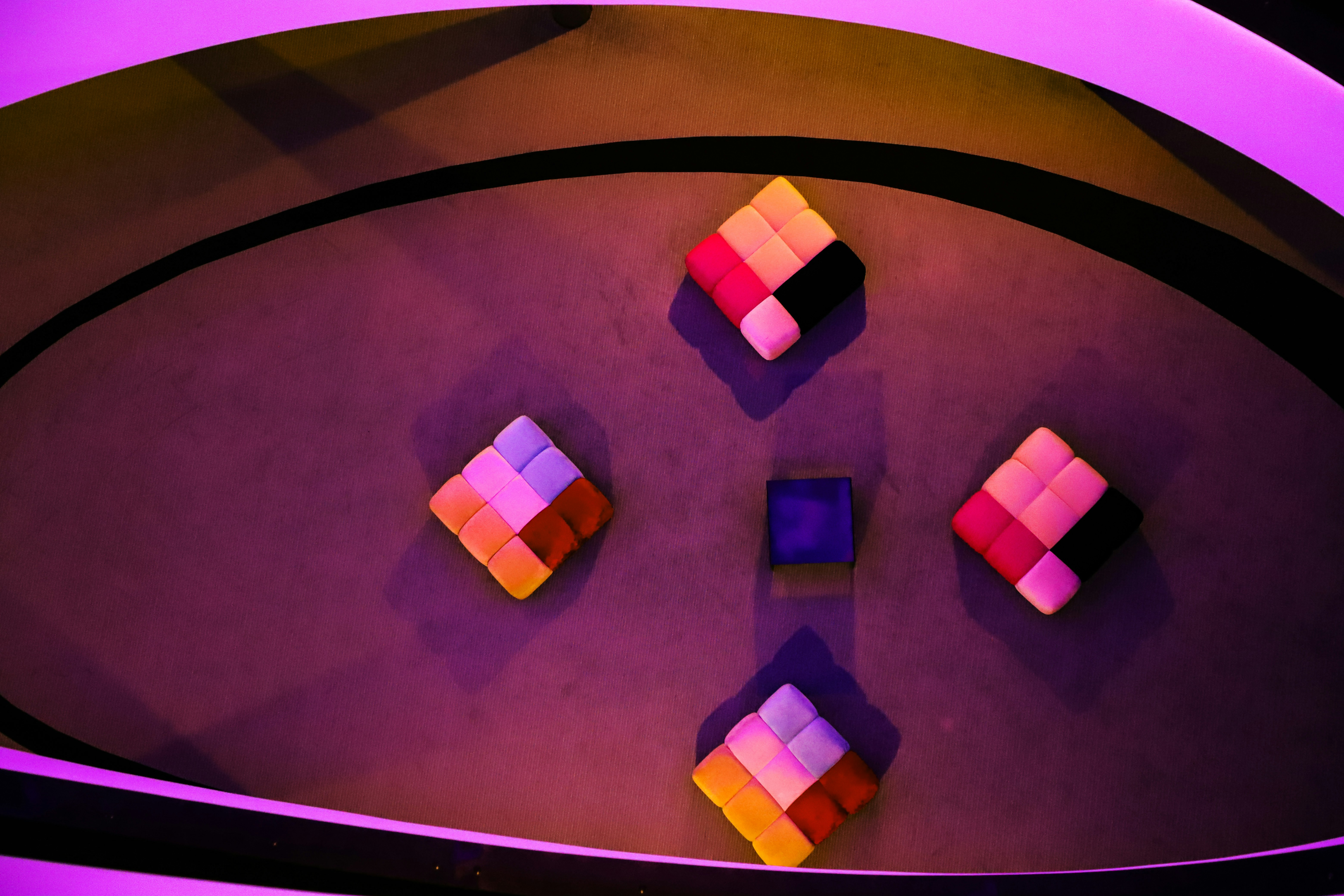 Neon Ring Geometry: Five Color Cubes Orbit a Central Core