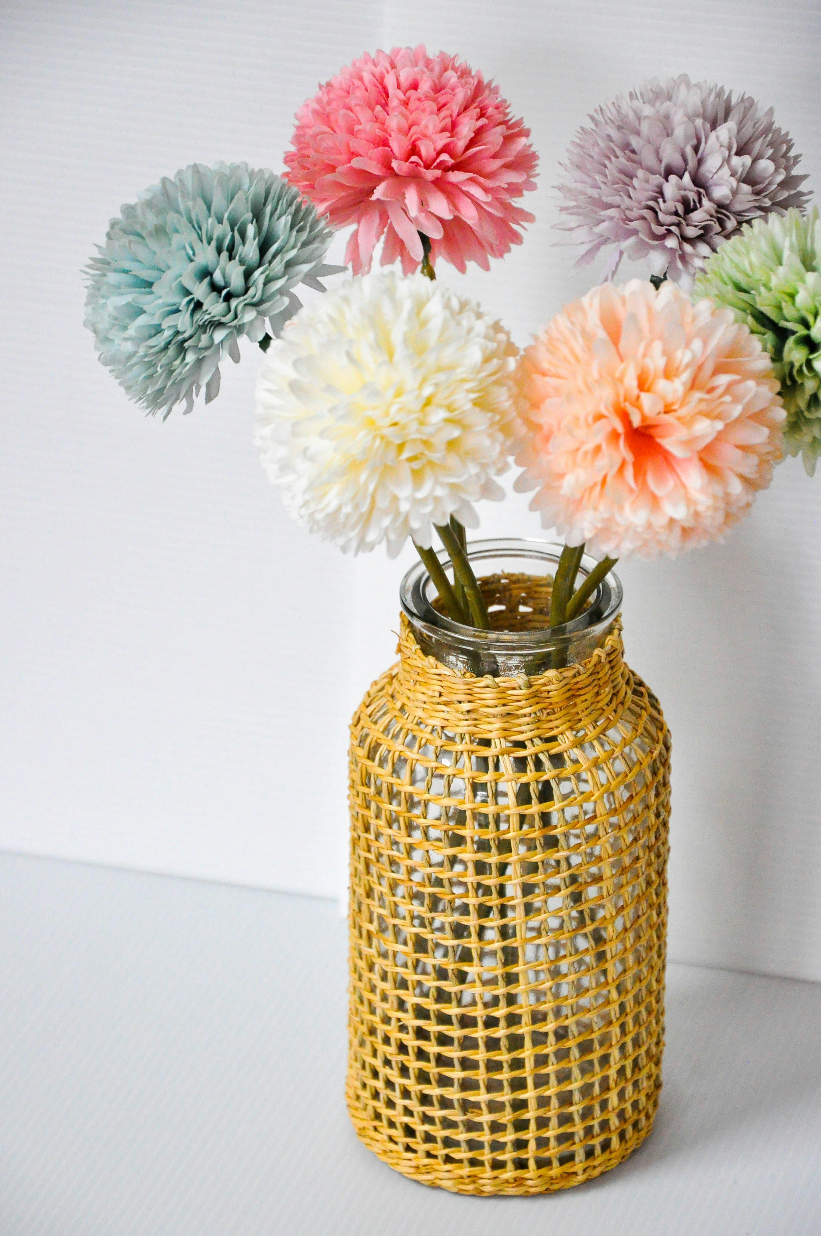 Pastel Pom-Pom Vase: A Bouquet in a Woven Jar