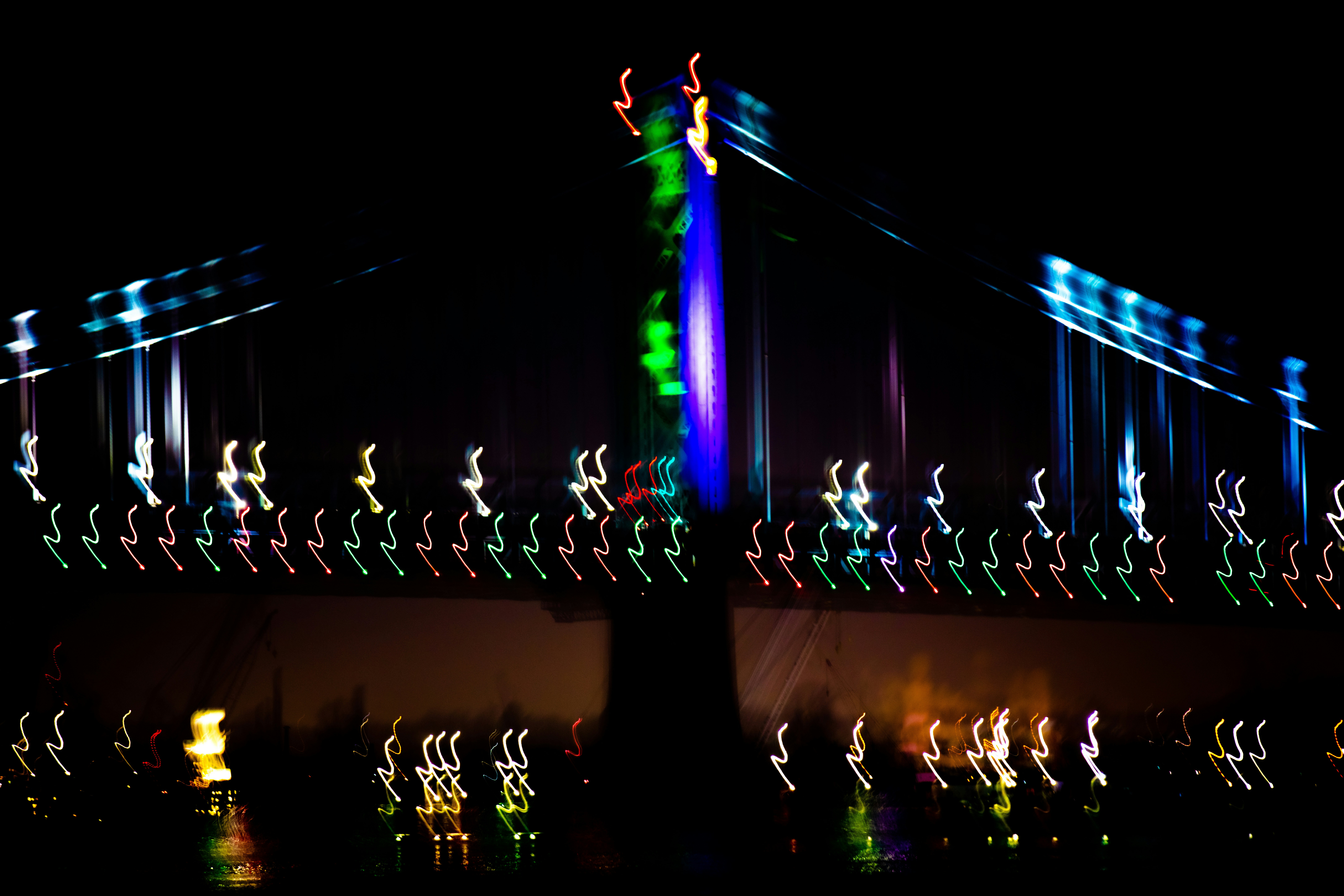 a long exposure of a bridge at night