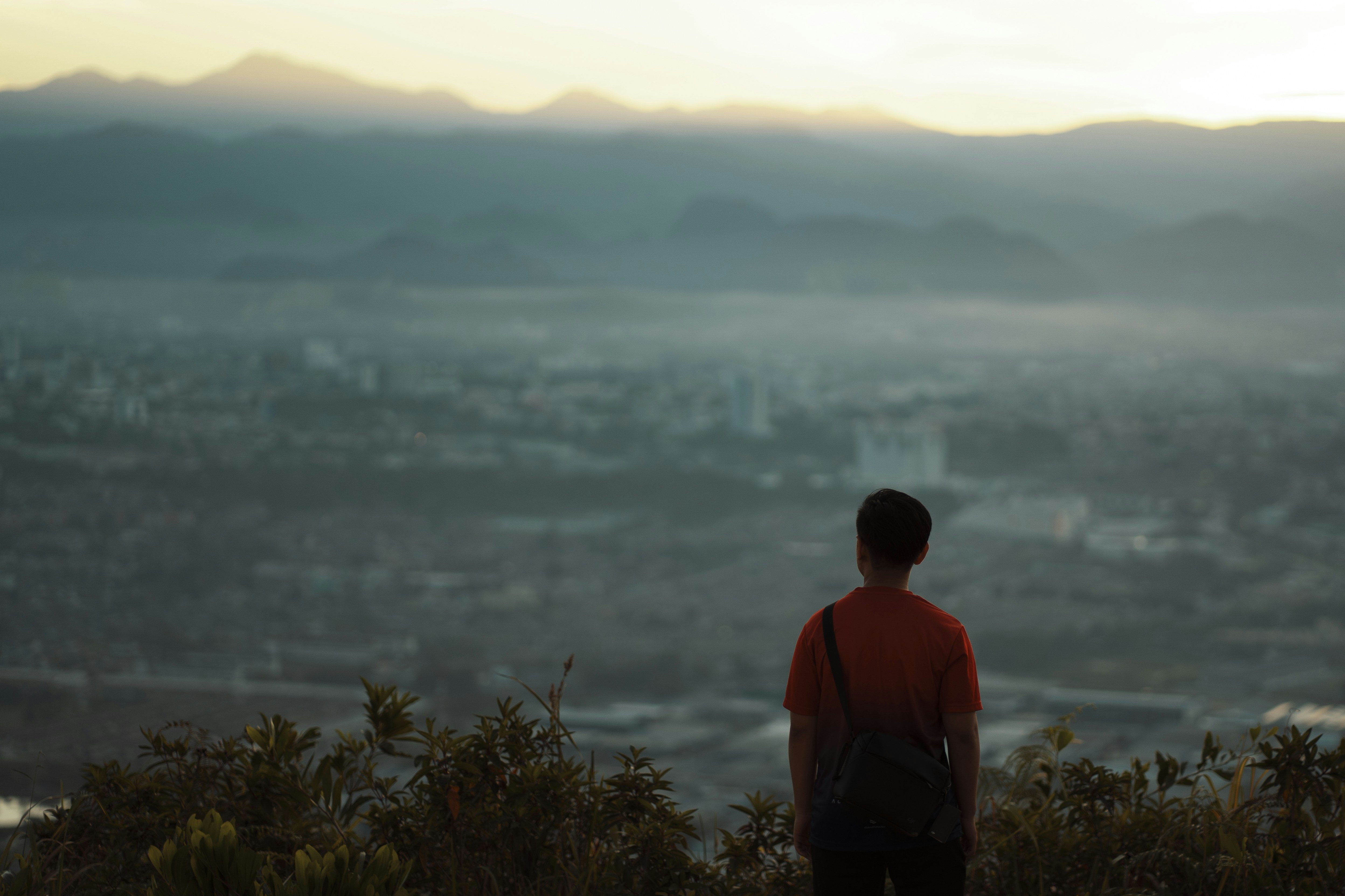 Person standing atop a hill, viewing a sprawling cityscape under a hazy morning sky.
