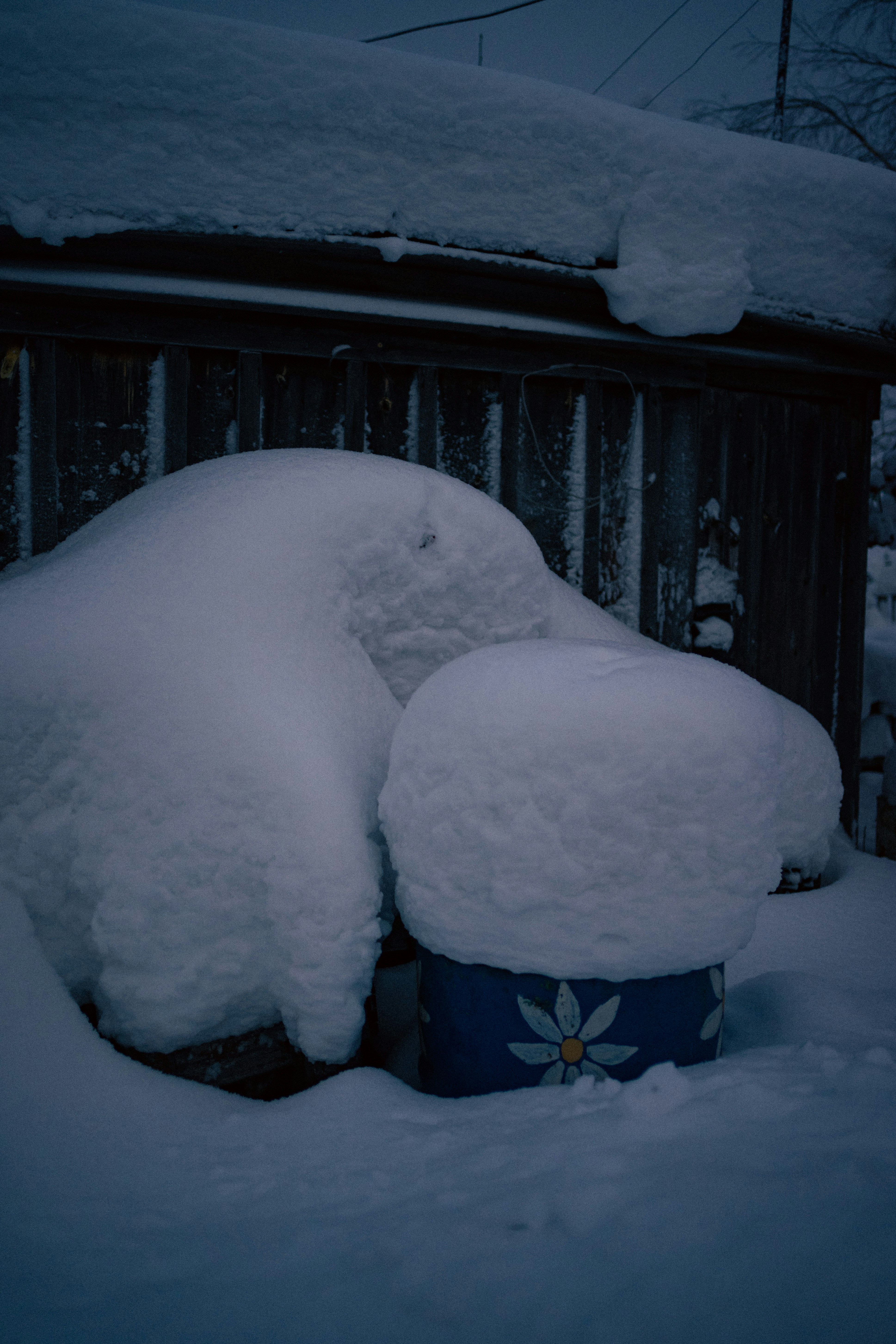 Snow-Covered Storage Nook with Floral Tin