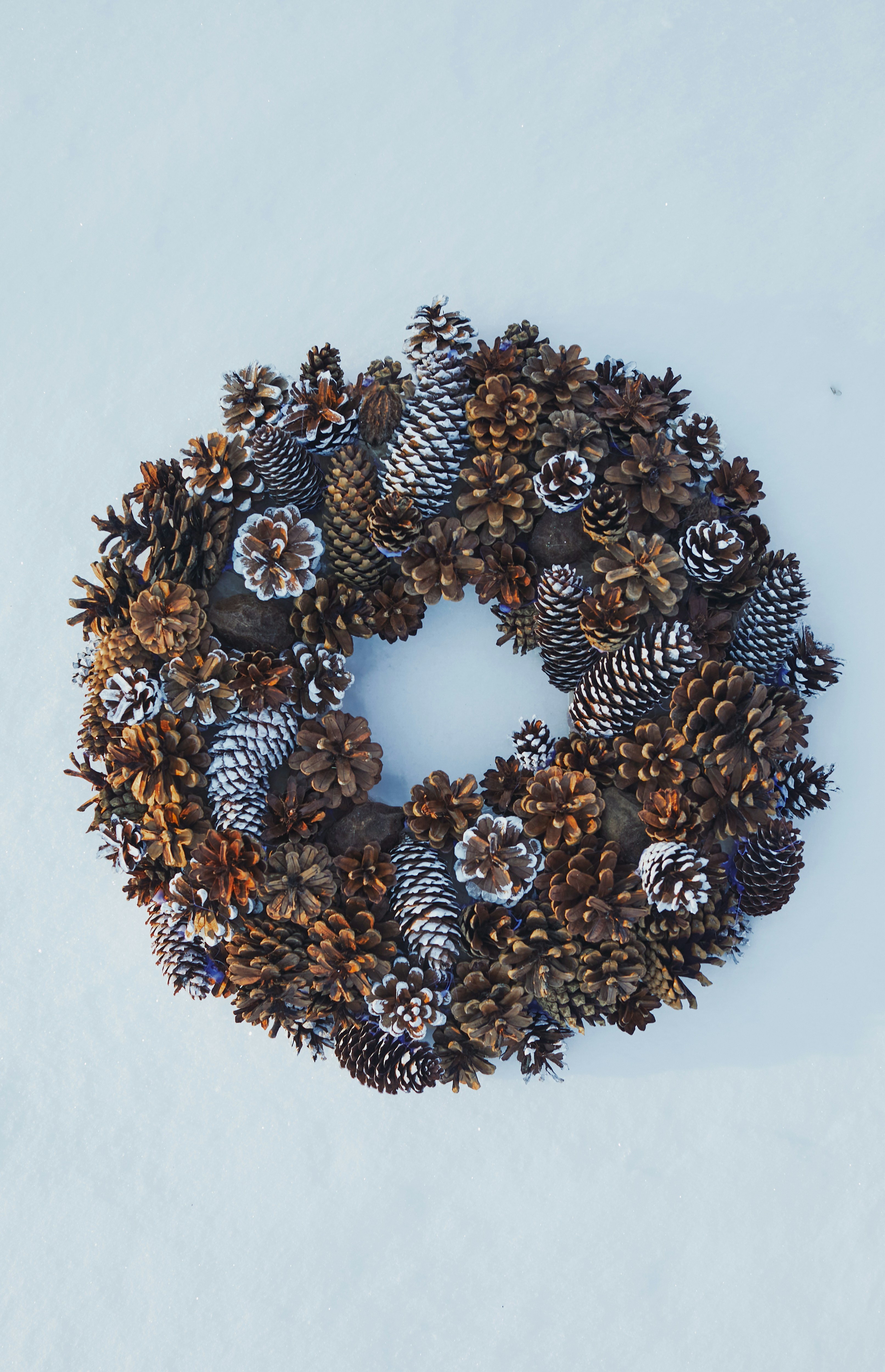 A circular wreath made of various pinecones, showcasing a blend of textures and colors against a snowy background.