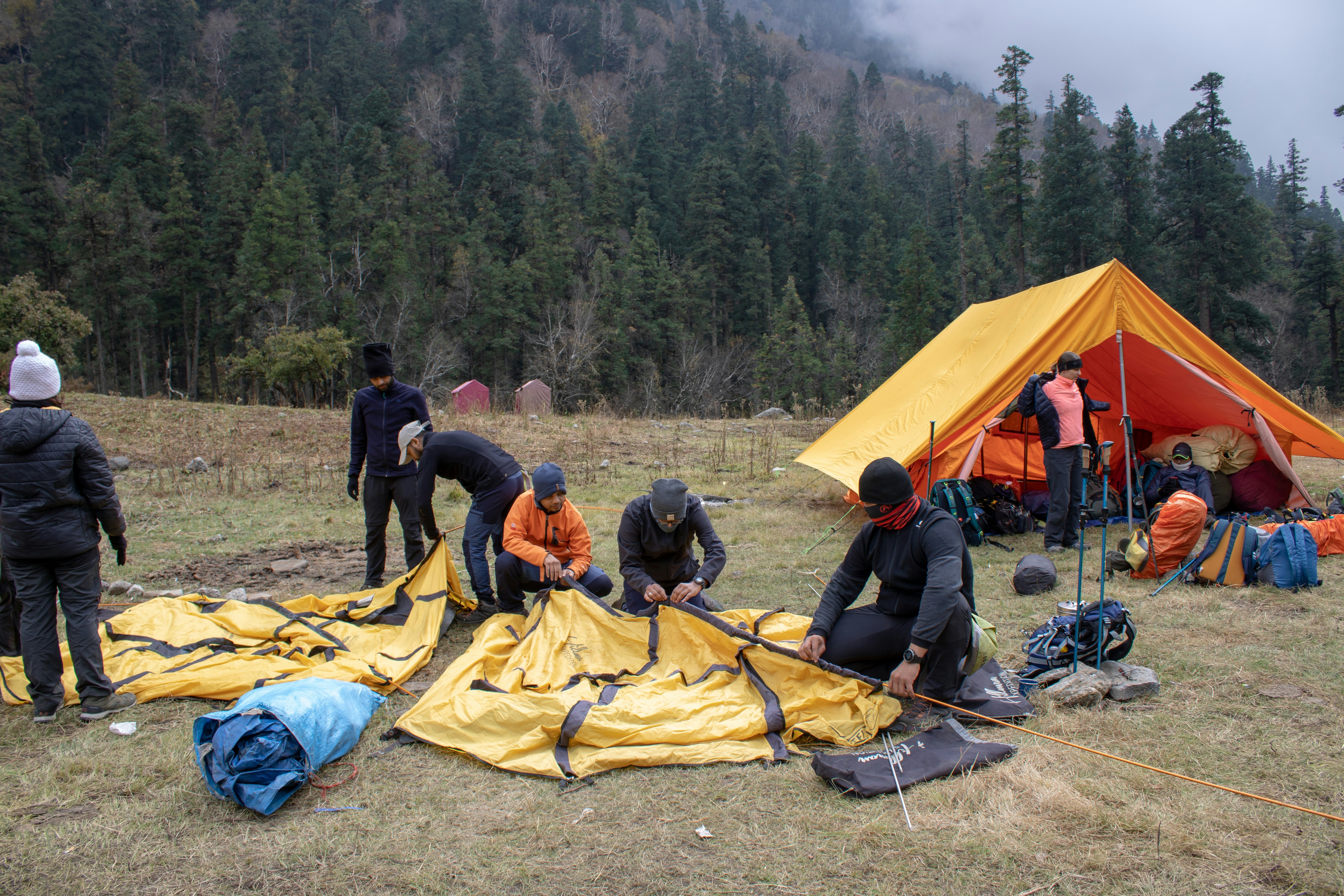 Group setting up a yellow tent in a forest clearing with misty hills in the background.