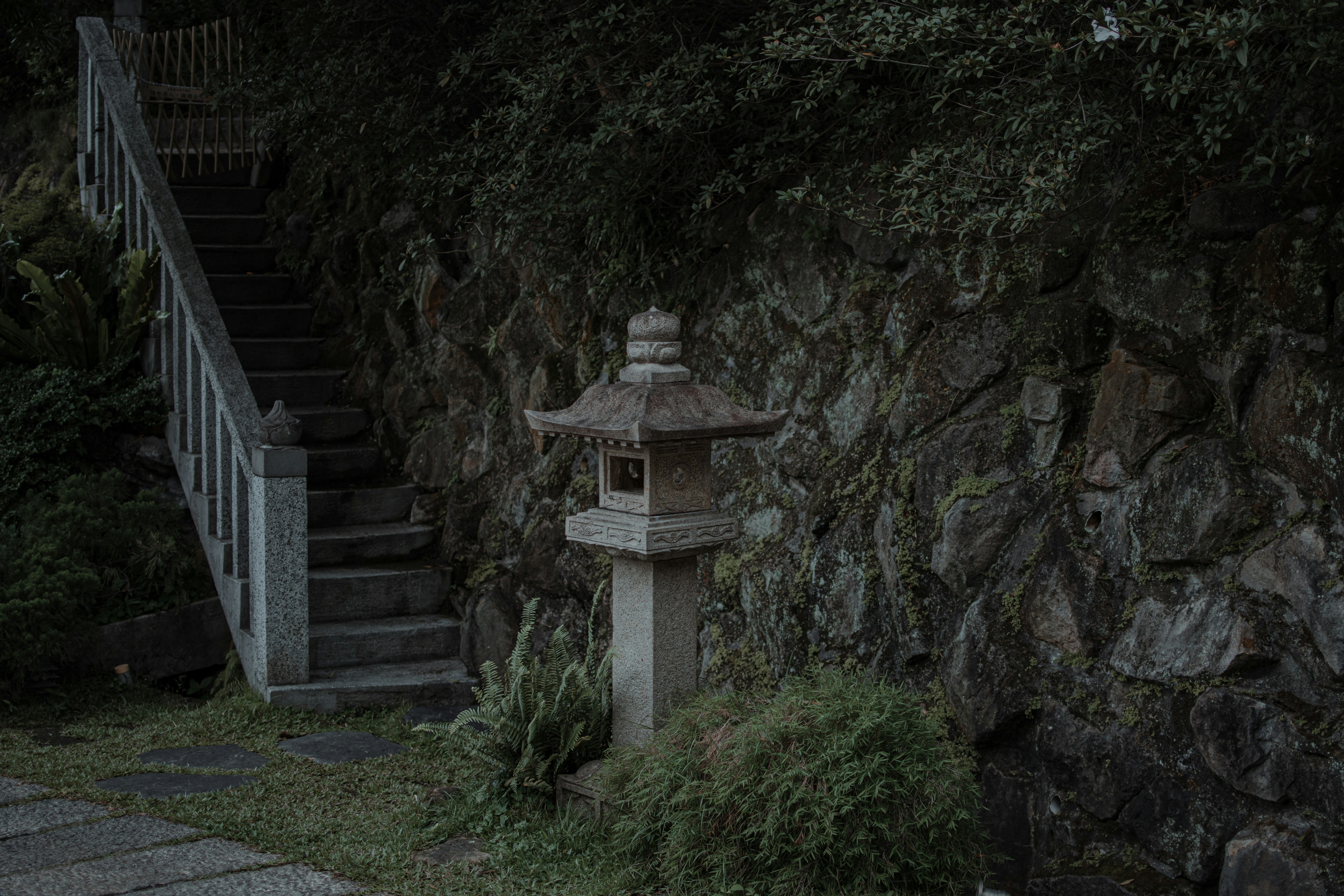 Traditional stone lantern stands amidst lush greenery near a stone wall, with a staircase leading into the shadows. 