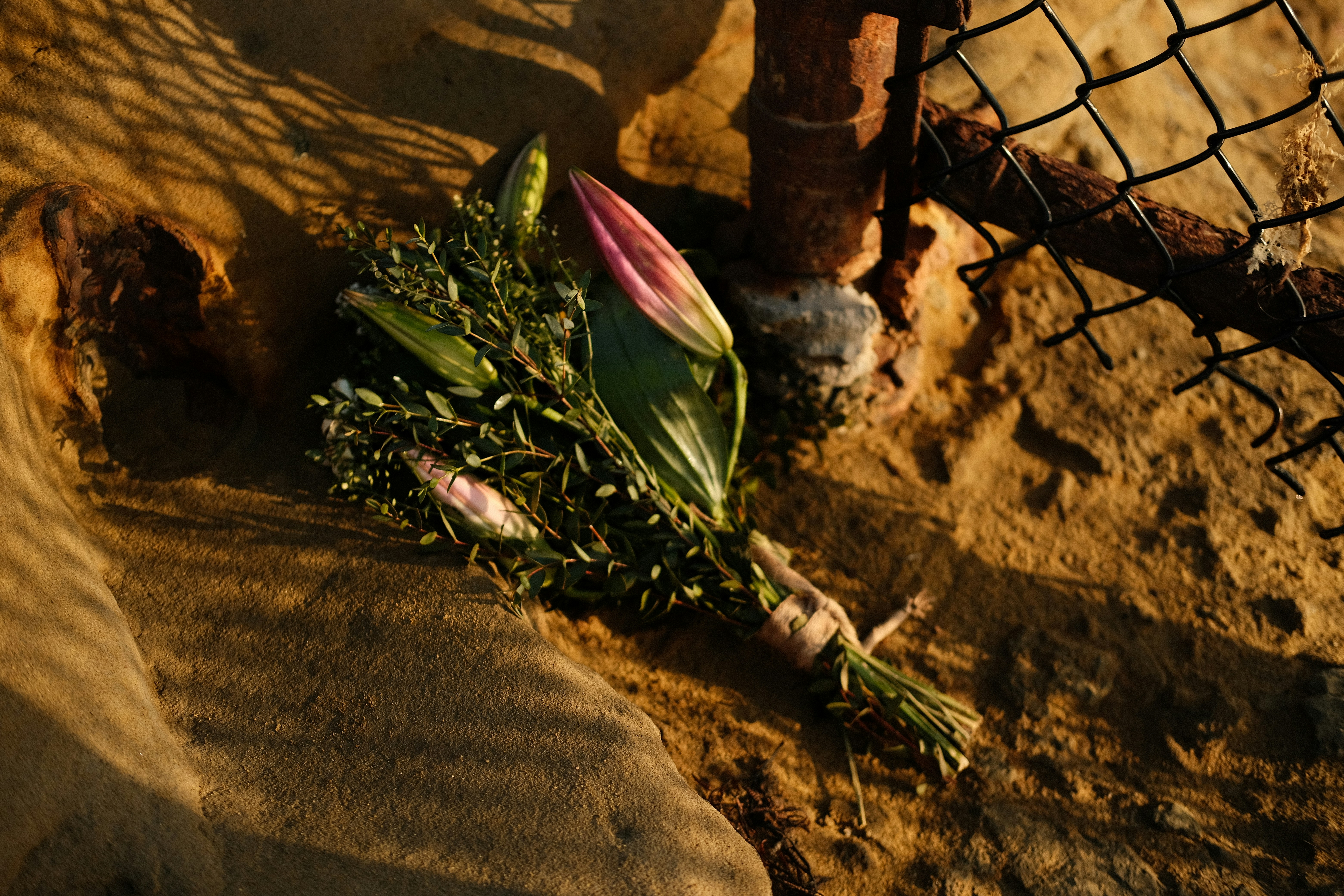 Bouquet Resting on Sandy Ground beside a Wire Fence