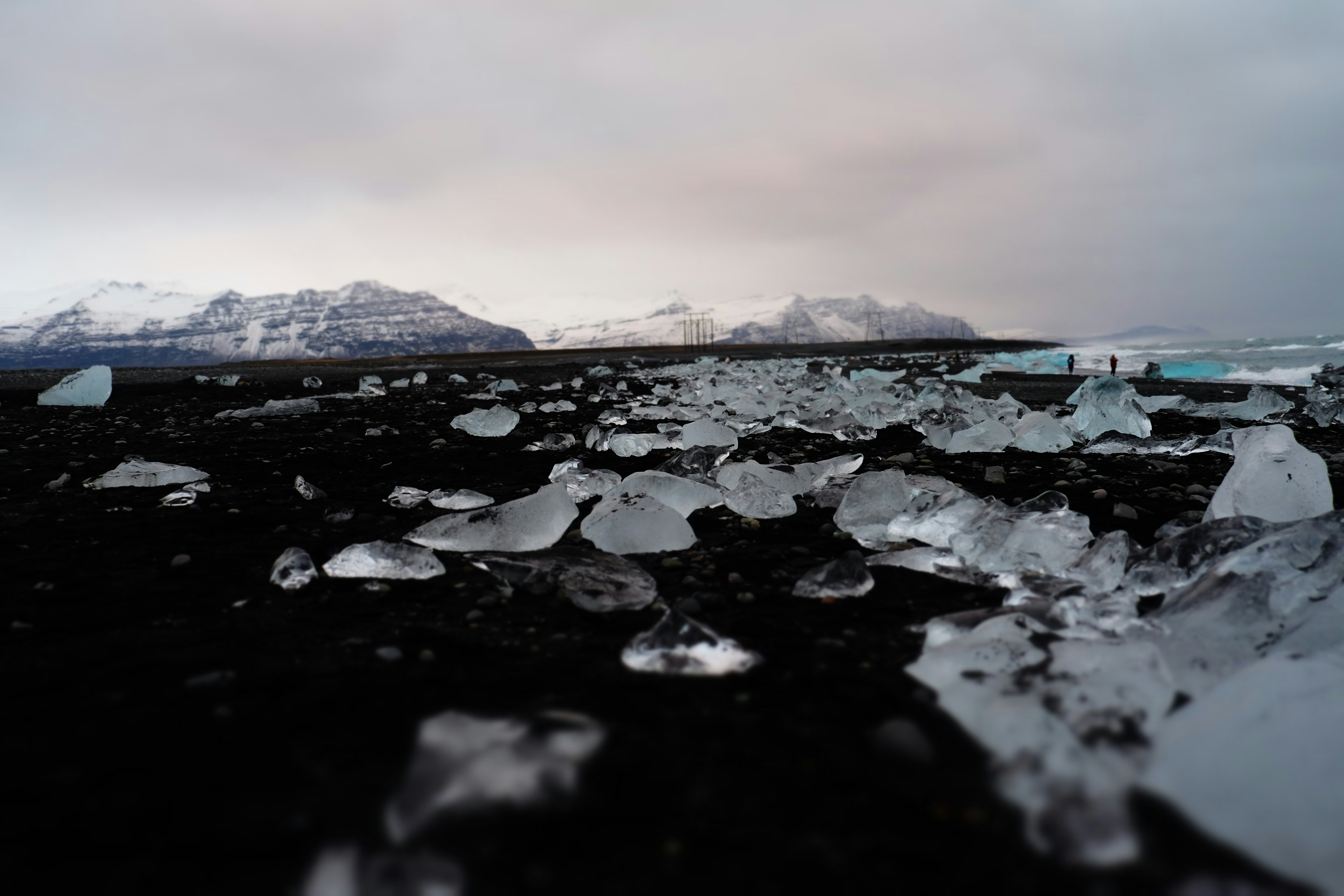 Charcoal Shoreline: Ice Shards on Iceland's Black Sand at Dusk