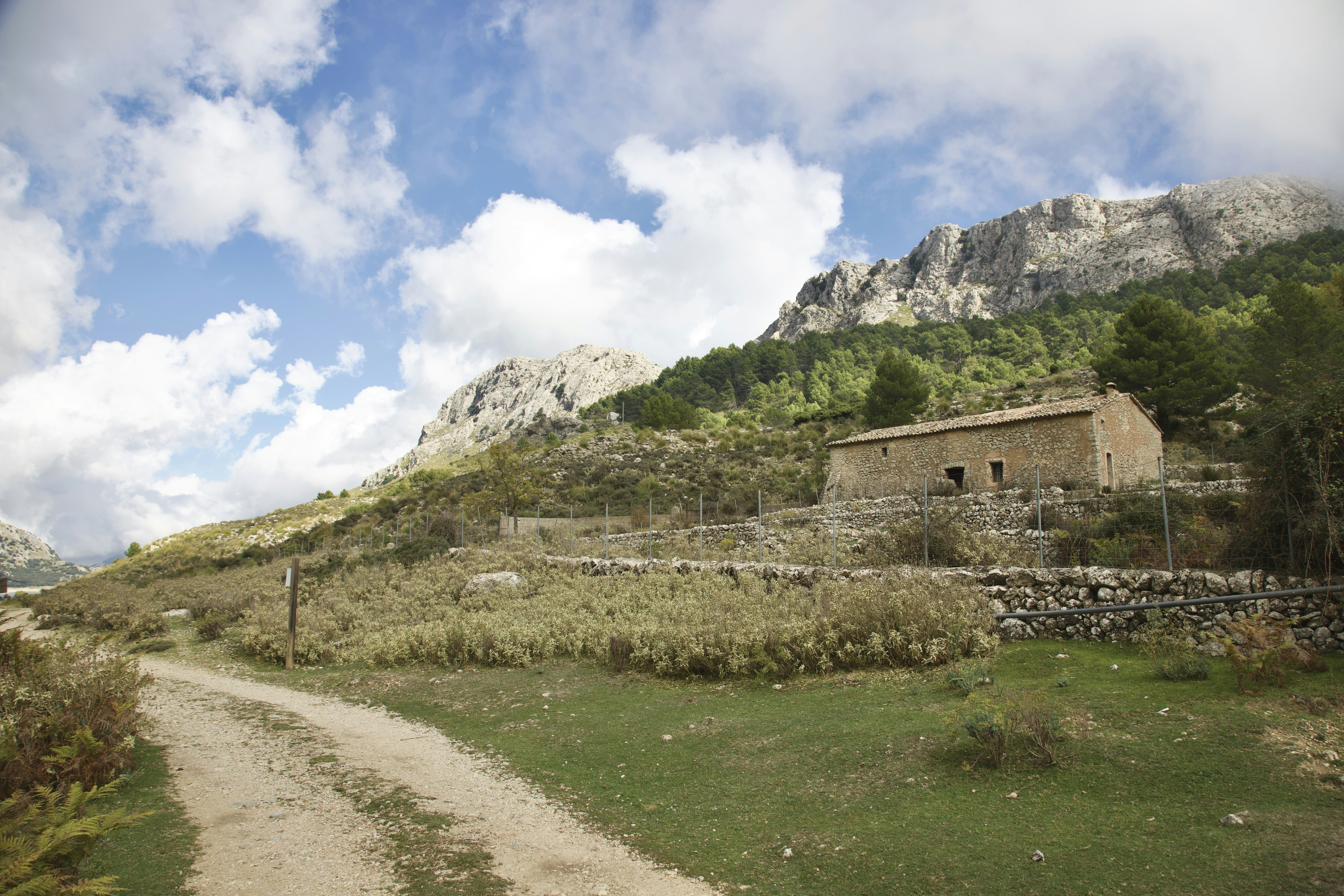 a dirt path leading to a building on a hill