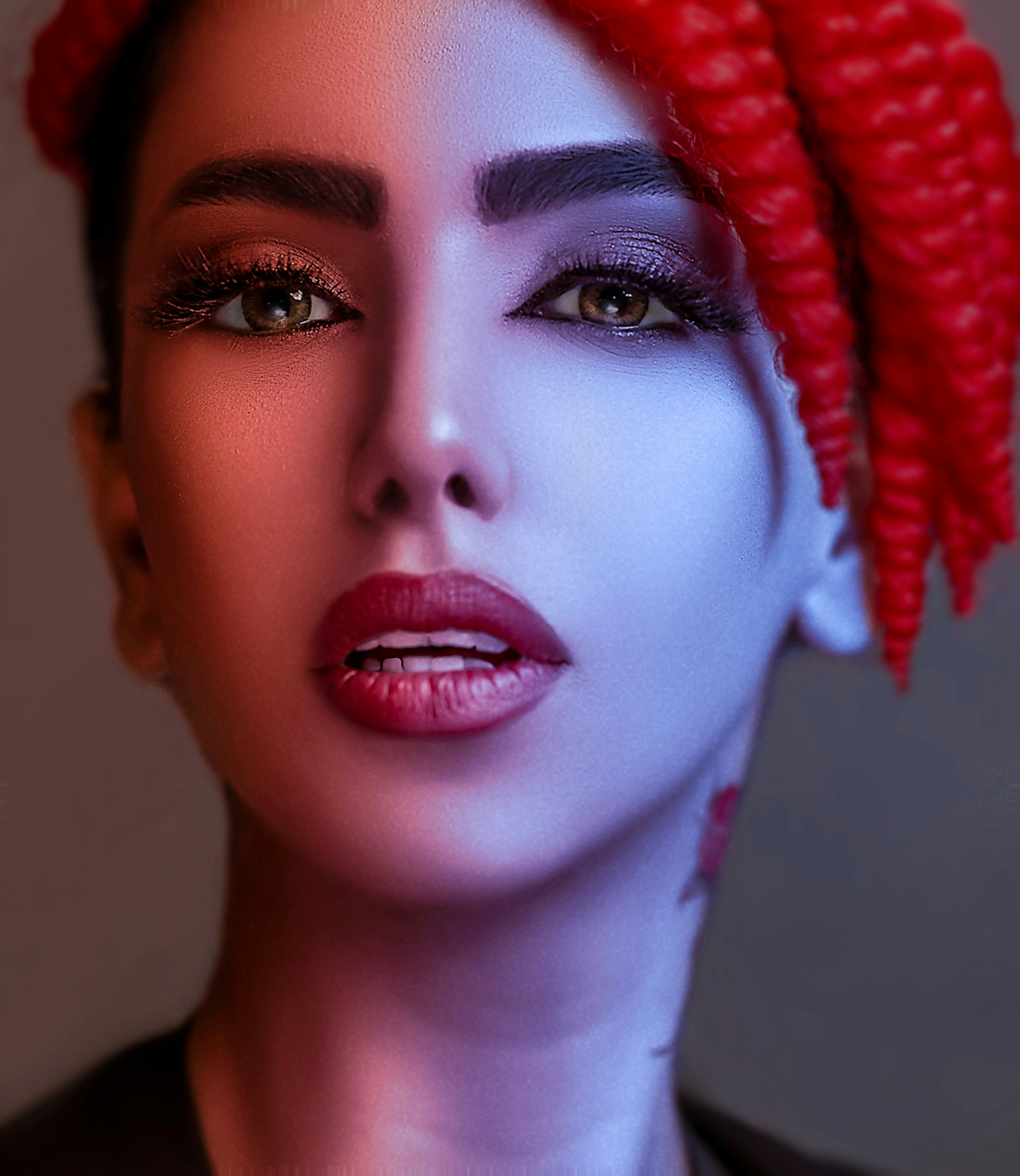 Contrast | a woman with red hair wearing a red hat