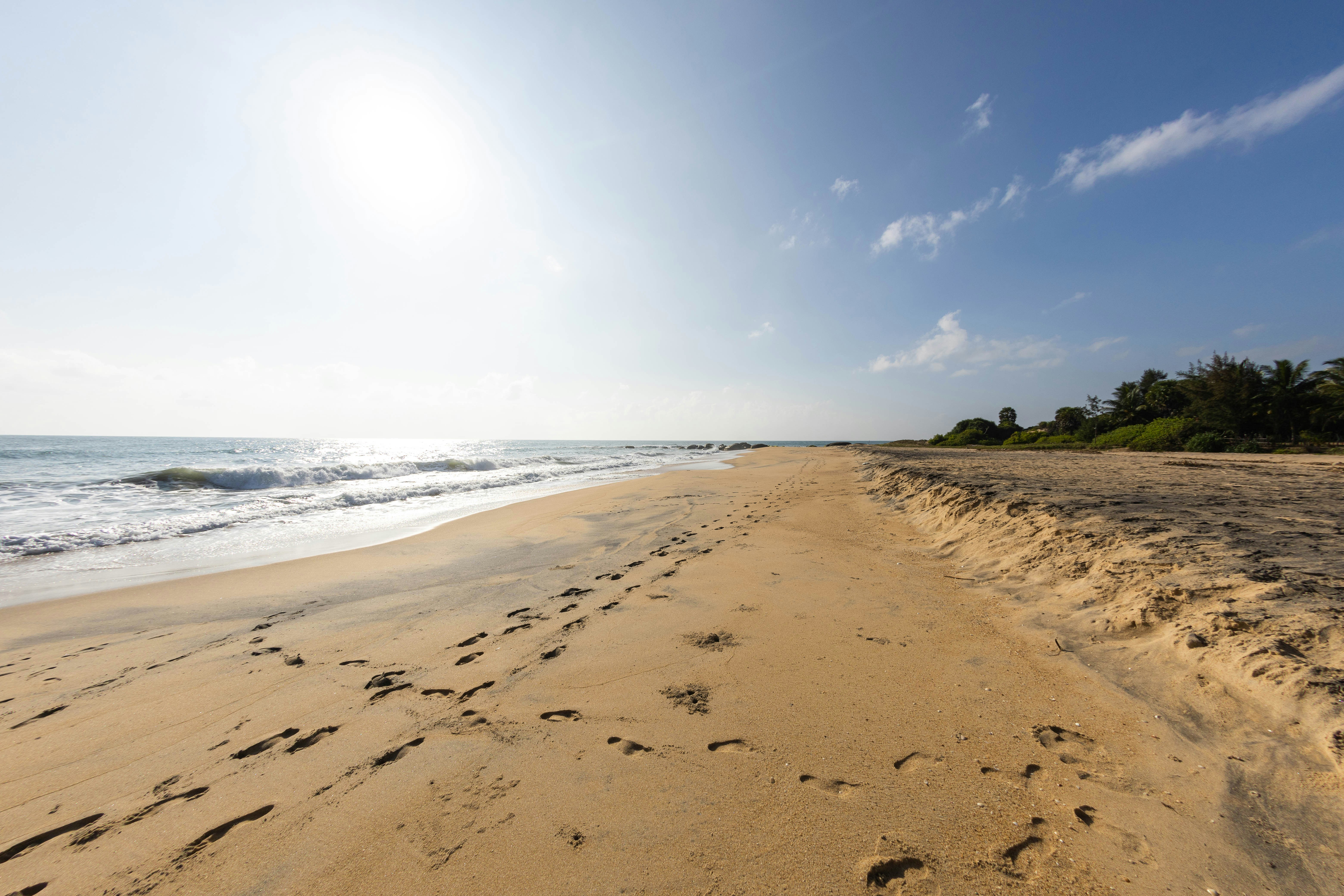 Footprints tracing a sandy beach under a bright sun, with gentle waves lapping at the shore and lush greenery in the background.