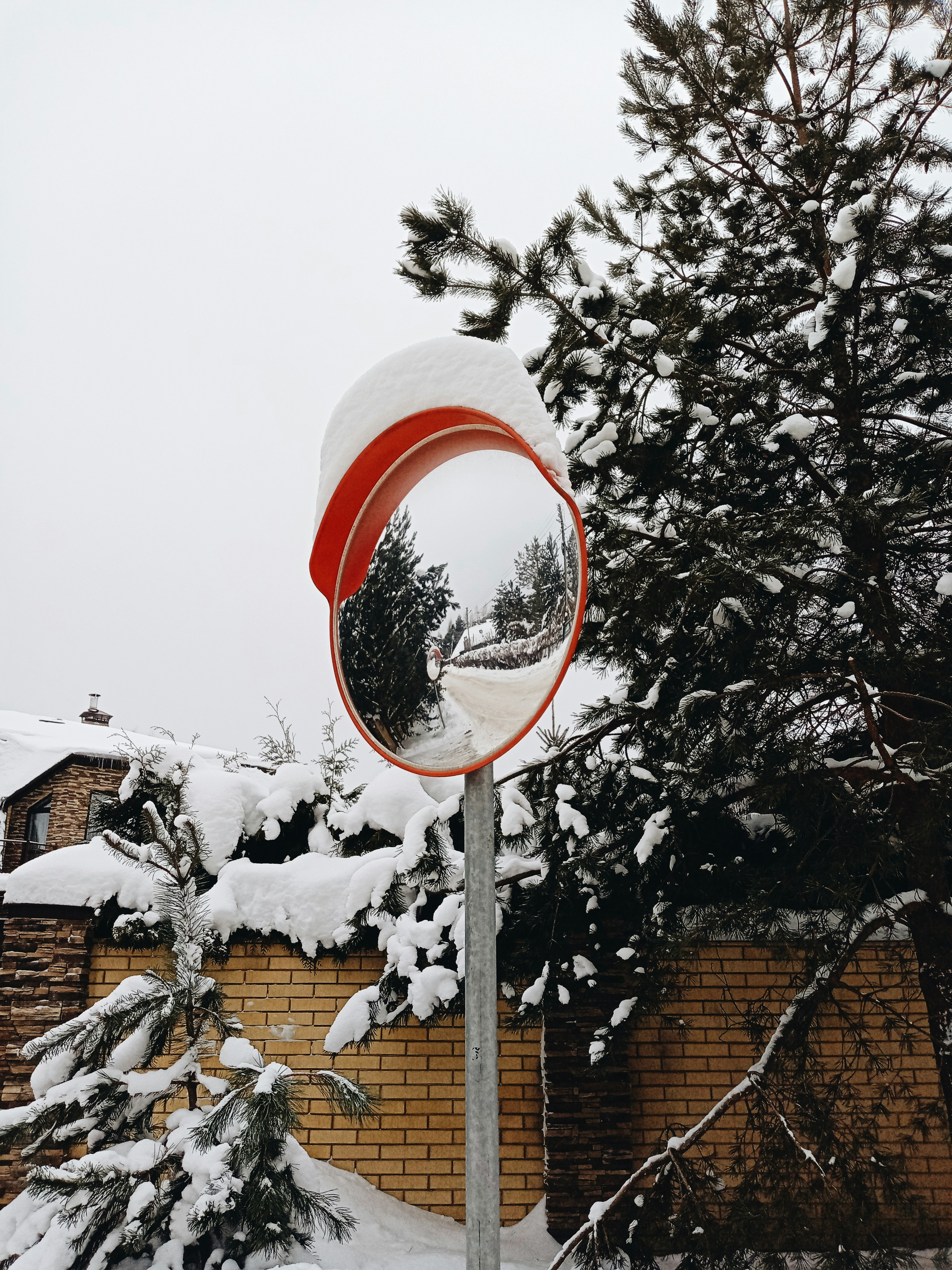 a red and white street sign sitting next to a snow covered tree