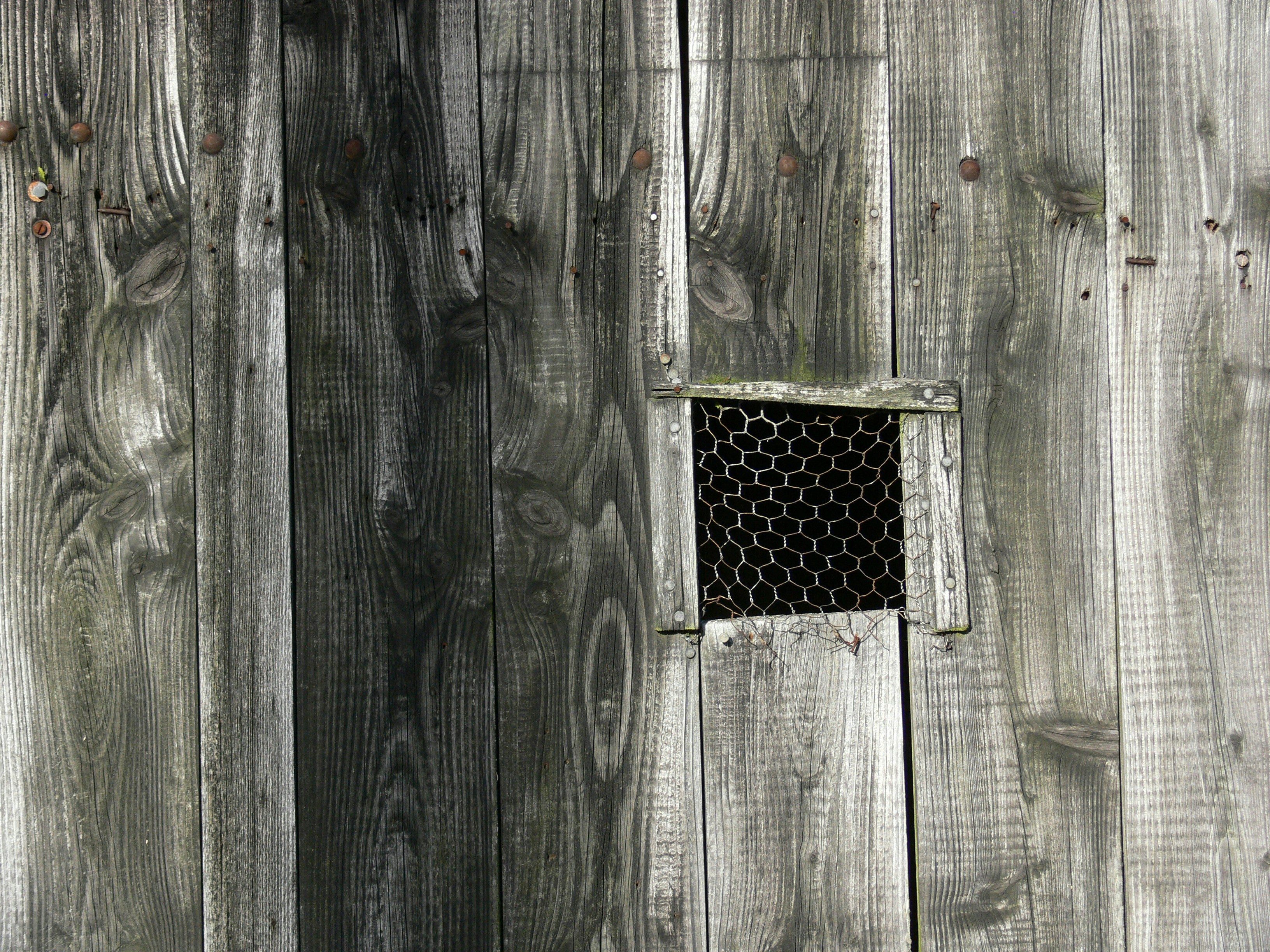 Textured wooden wall with a rustic vent covered in wire mesh, showcasing signs of age and wear. The interplay of light and shadow adds depth to the scene.