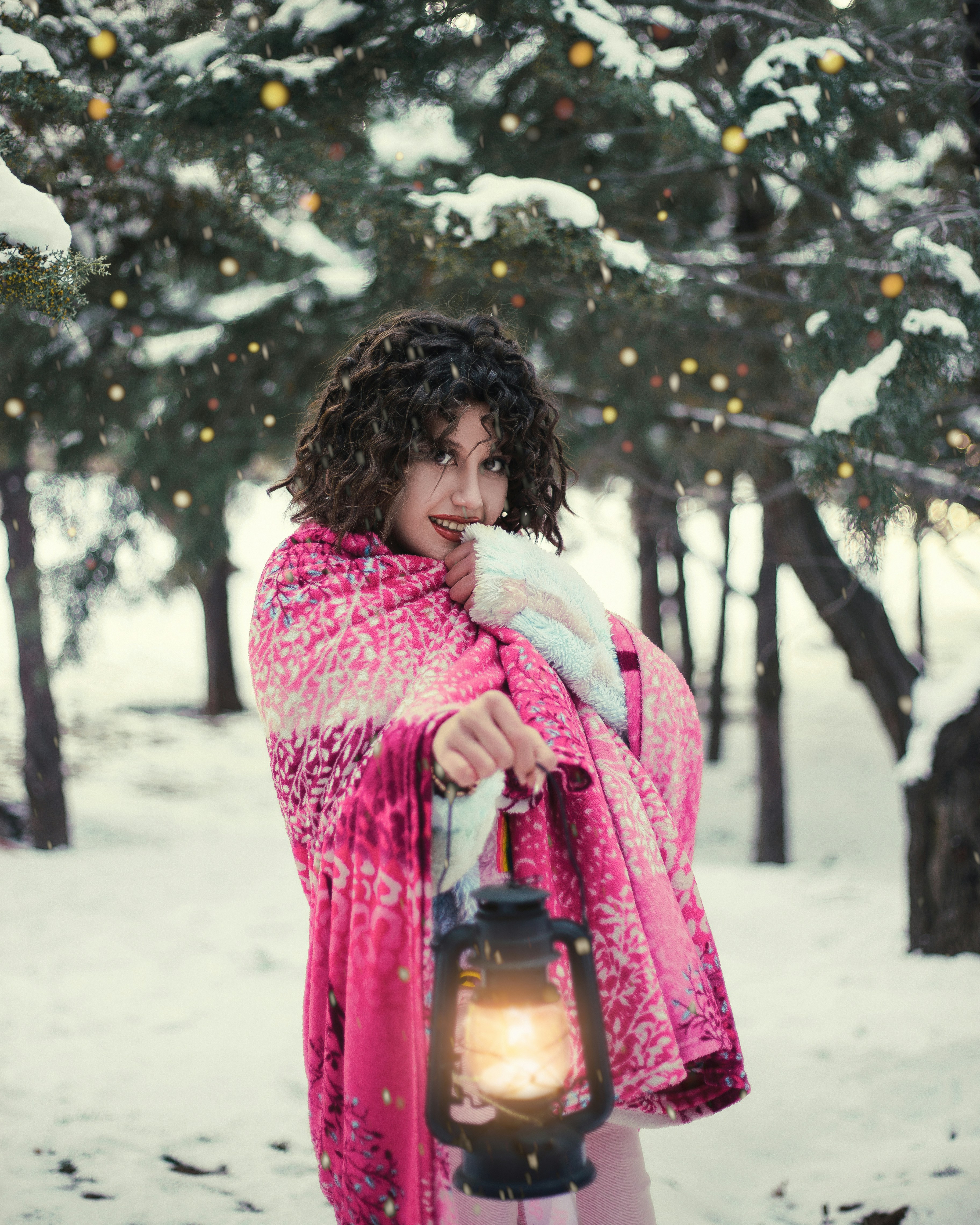 Girl with Lantern in a Snowy Orchard